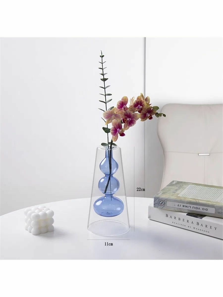 Ваза для цветов и сухоцветов стеклянная прозрачная,22, синий