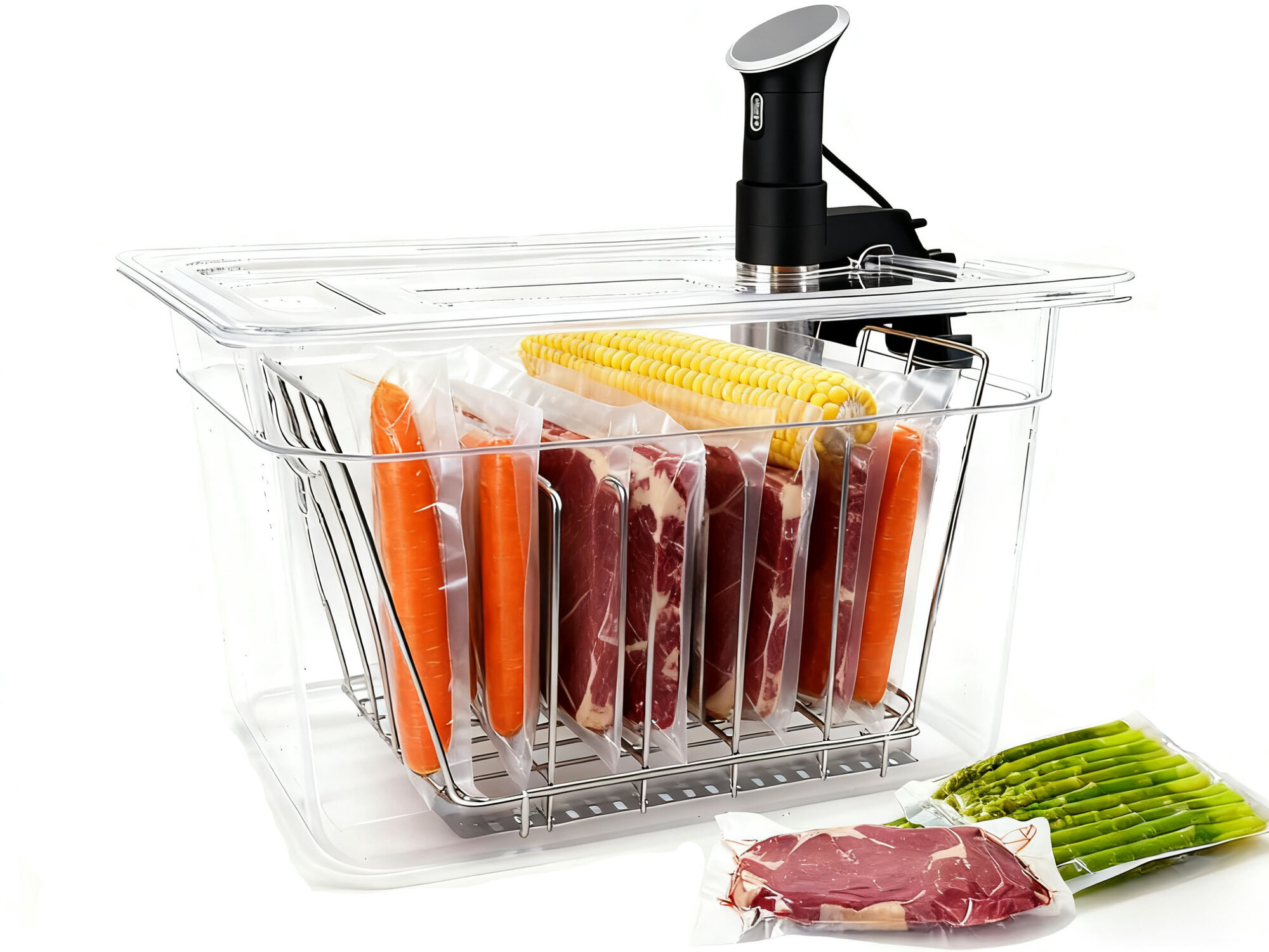 Контейнер для приготовления су-вид объемом 11 л поставляется с крышкой и решеткой из нержавеющей стали и подходит для большинства аппаратов для приготовления су-вид, представленных на рынке.