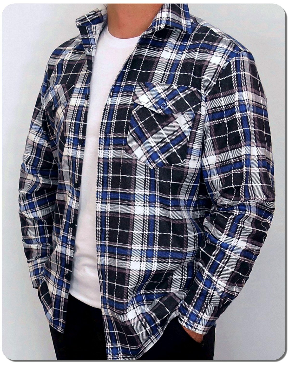 Рубашка Мужская рубашка с длинным рукавом прямая классическая, темная сорочка на пуговицах, рубаха на любой сезон, разноцветная клетка, с двумя карманами и клапанами, фланель теплая рубашка