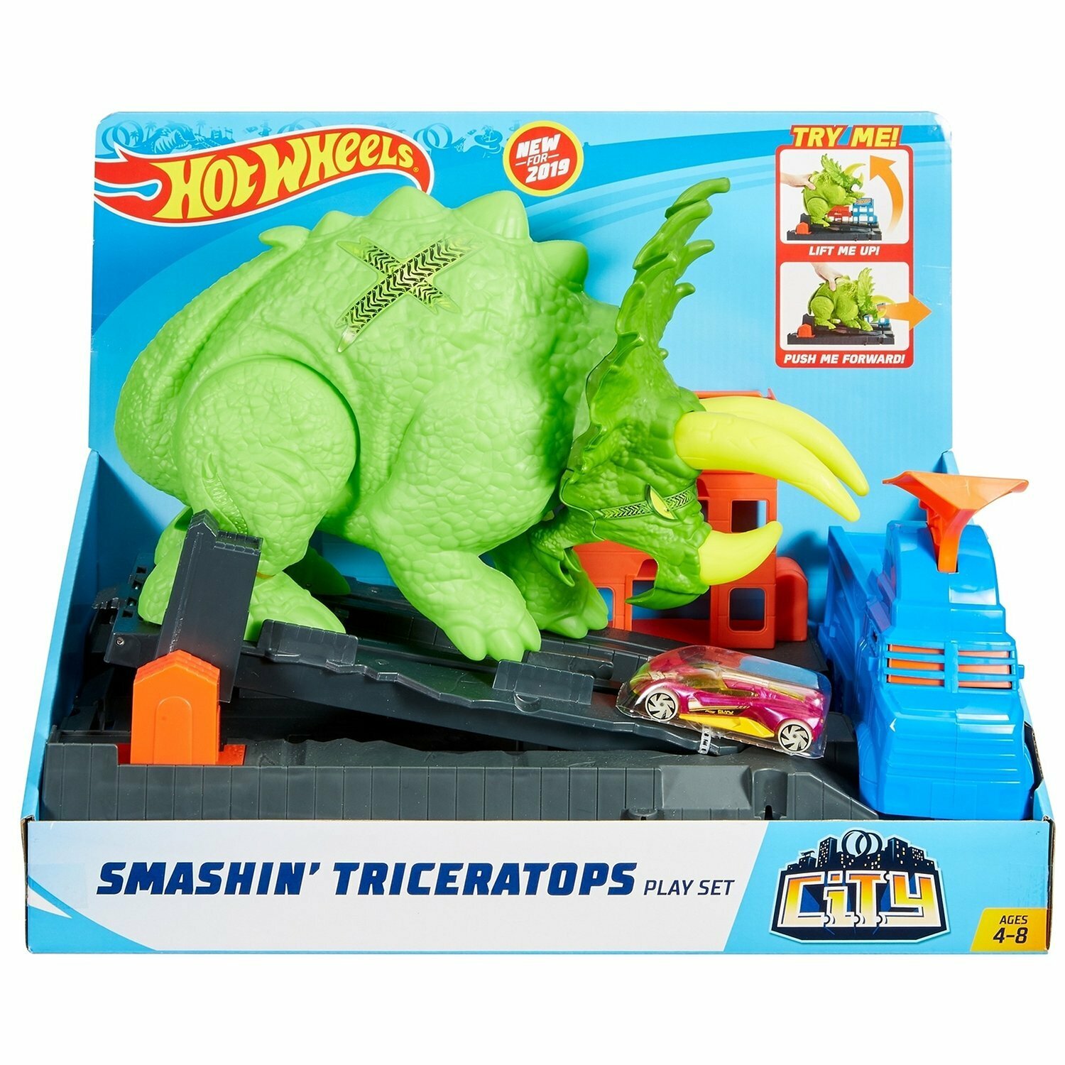 Игровой набор Hot Wheels Smashin' Triceratops Атака Трицератопса GBF97, пусковой механизм, световые эффекты
