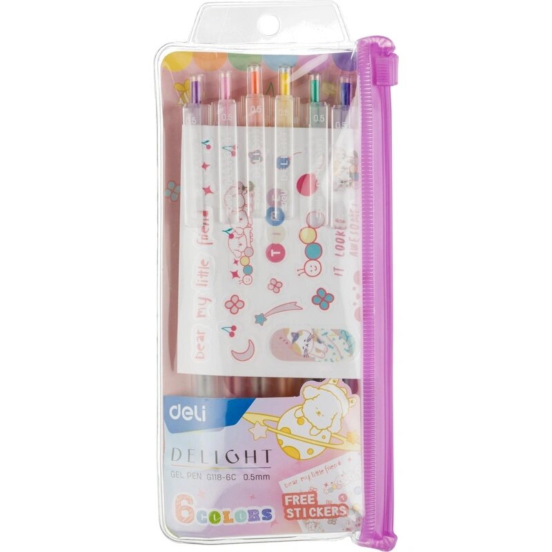 Набор гелевых ручек Deli EG118-6C 0,5 мм 6 цветов + стикеры в подарок