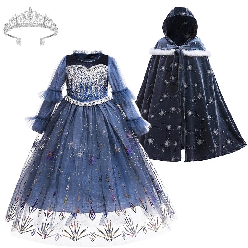 Рождество 2024 осень зима бархатное платье с градиентными блестками Снежная королева Эльза Принцесса платье для девочек Хэллоуин Карнавал стандартное бальное платье