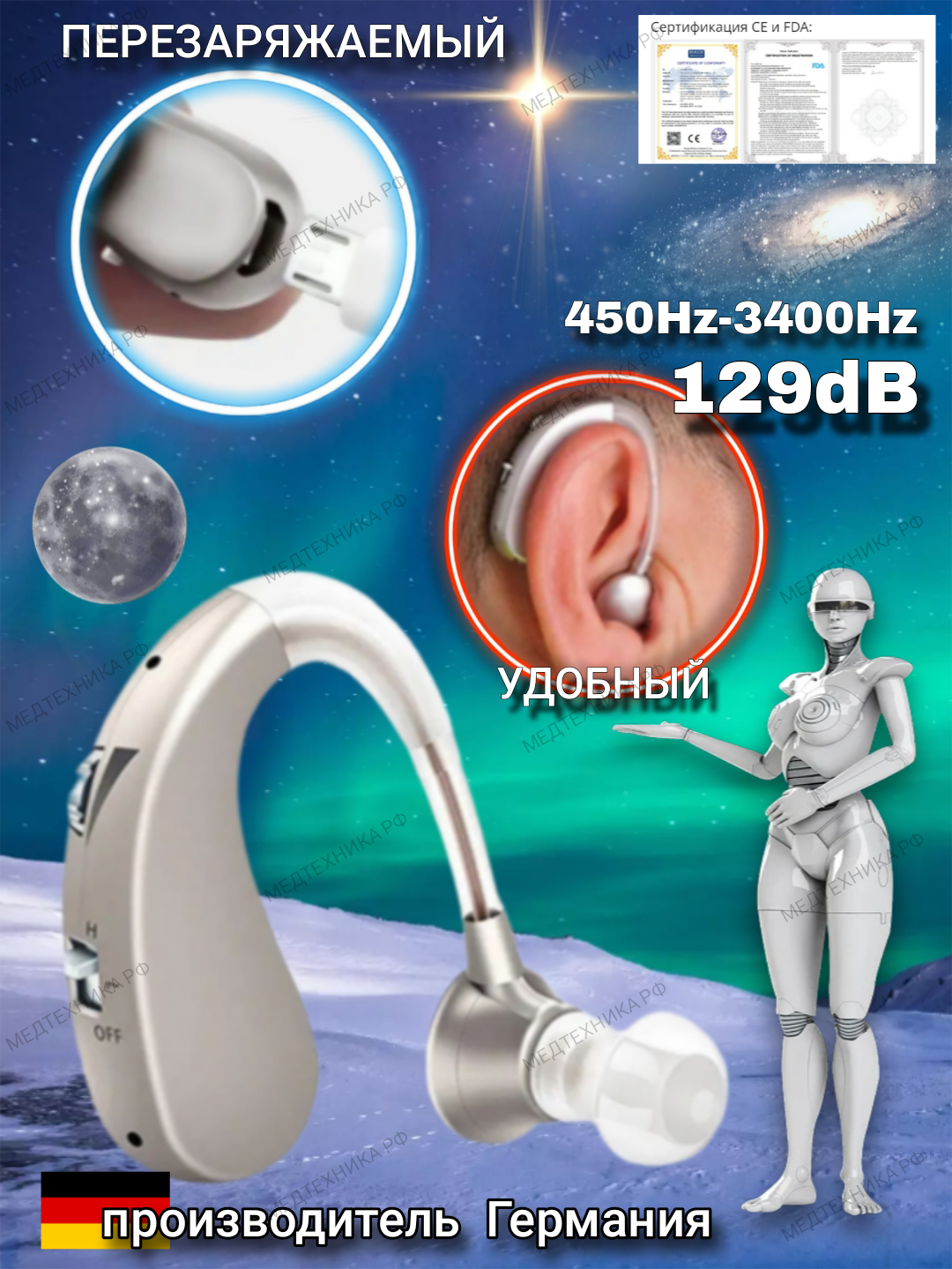 Слуховой аппарат с зарядкой аккумуляторный качественный премиум класса производитель Германия