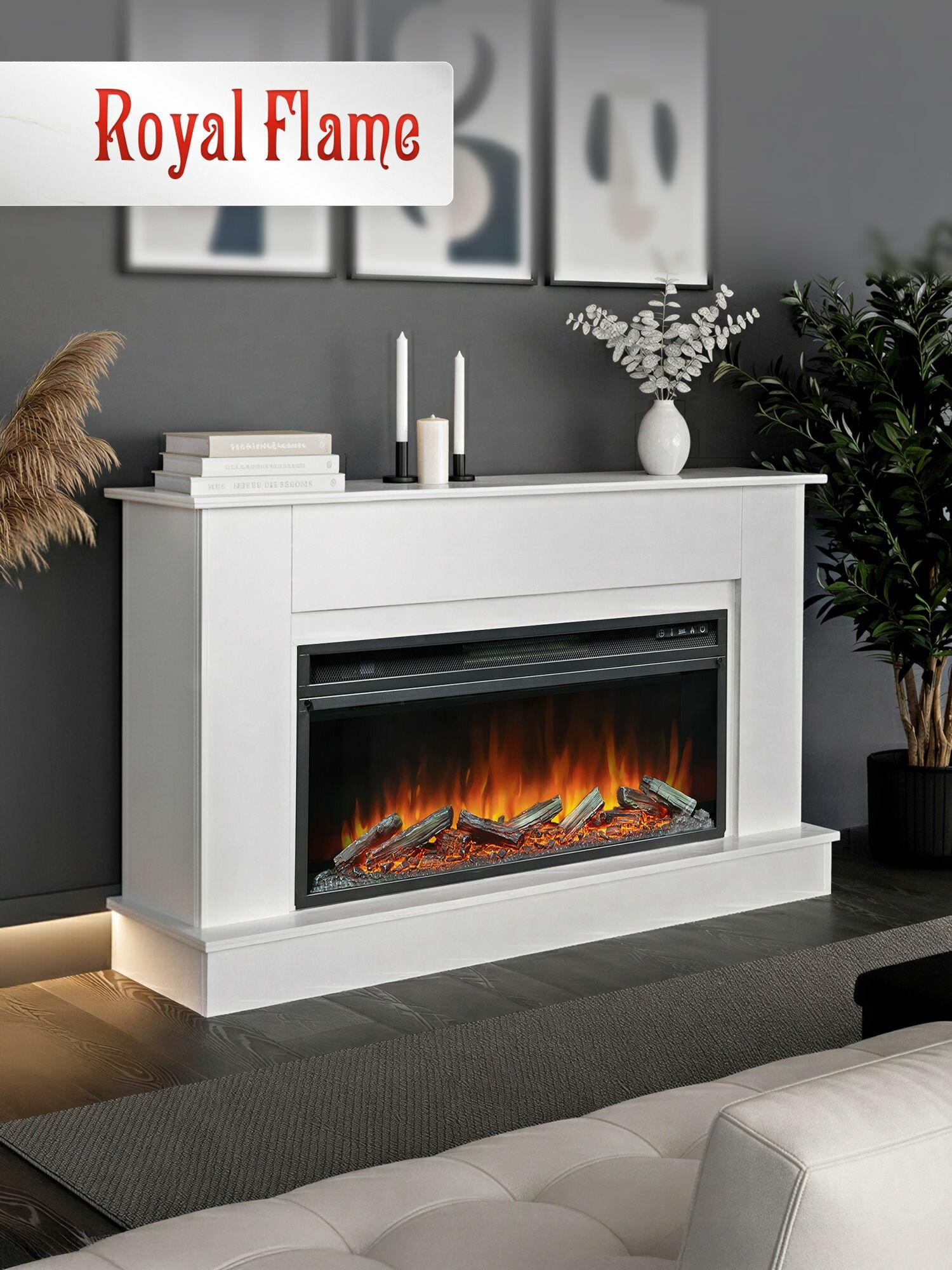Камин электрический напольный для дома SCANDIC Vis 42 белый разборный портал и Vision 42 LOG LED Royal Flame электрокамин
