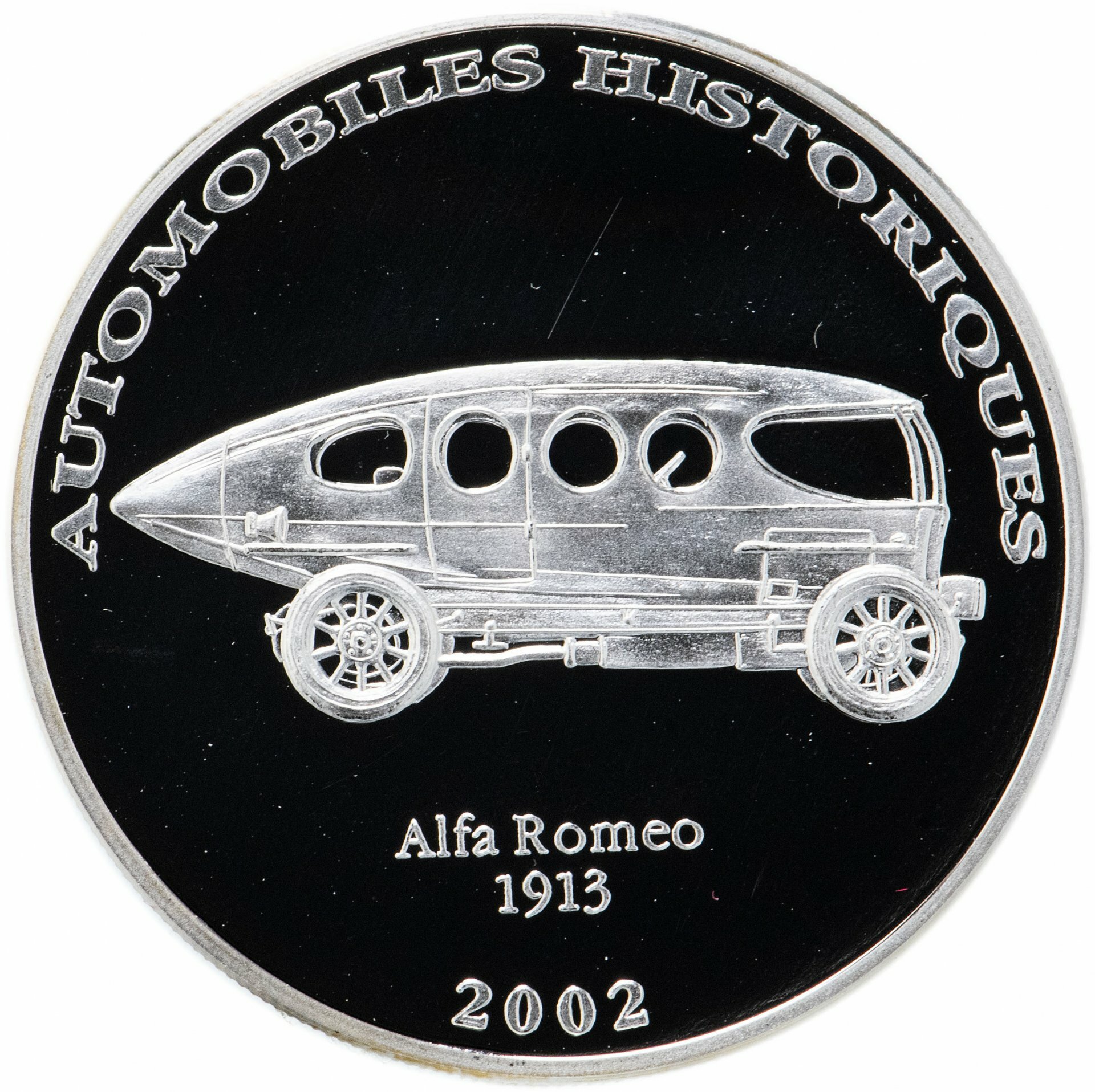 Демократическая Республика Конго 10 франков 2002 "Автомобили истории - Alfa romeo 1913" в капсуле, Серебро 925, в сохранности Proof