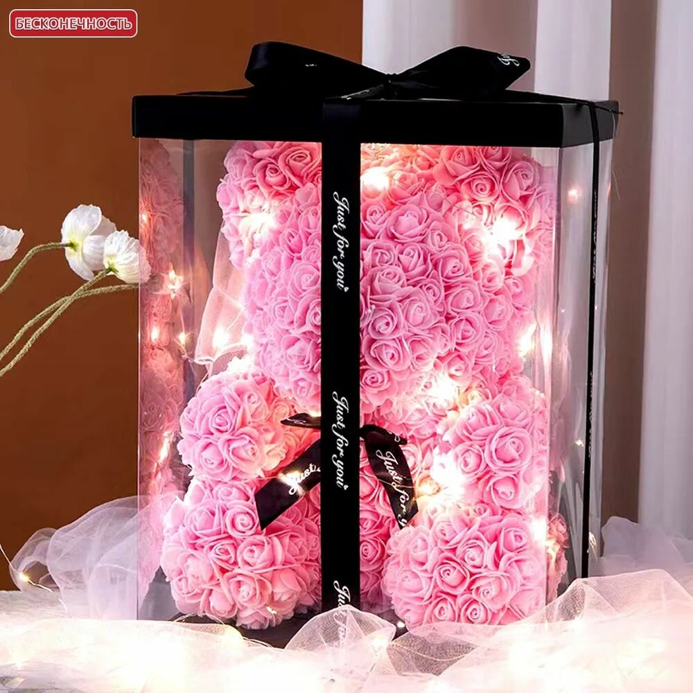 Мишка из роз 40 см с лентой. Подарочный набор для женщин, новогодние подарки, Для Дня святого Валентина, Дня матери, юбилеев, дней рождения и помолвок