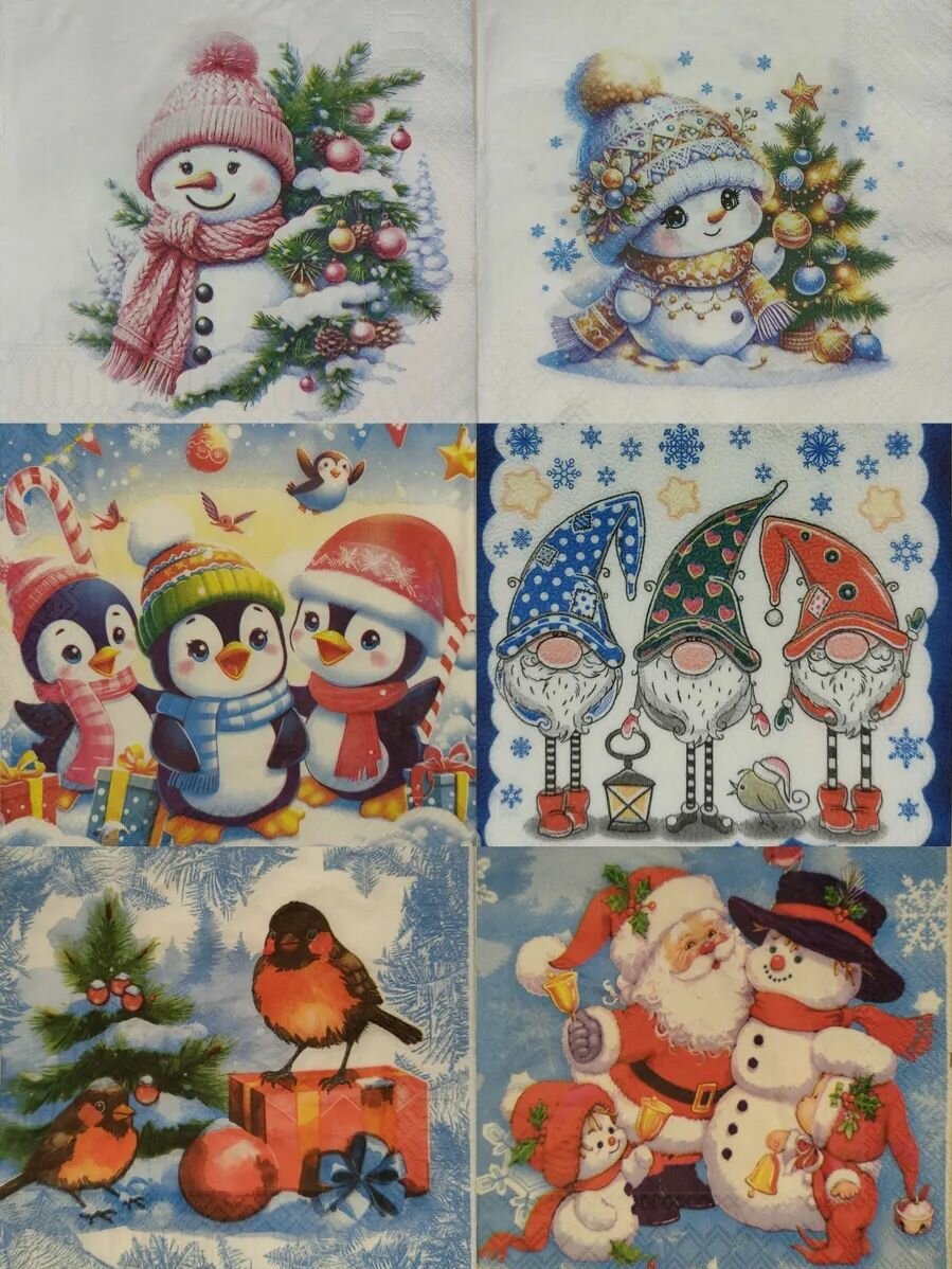 Салфетки бумажные для декупажа, набор Новый год № 11 из 6 штук разного дизайна . 33*33, 3-х/2-х слойные