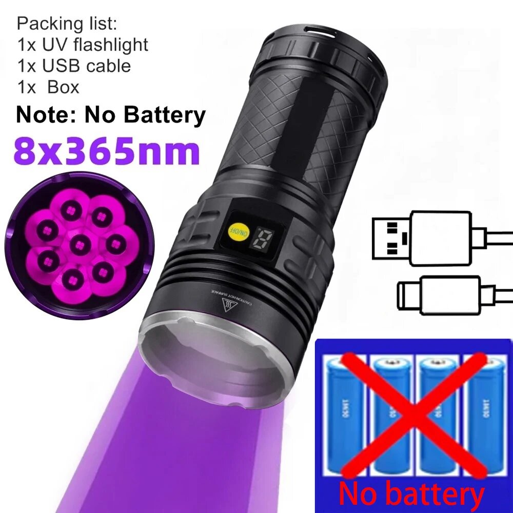 160 Вт высокая мощность УФ-фонарик 365 нм Мощный ультрафиолетовый свет для обнаружения Фонарь Черный свет Светодиодный фонарик USB Перезаряжаемый Открытый