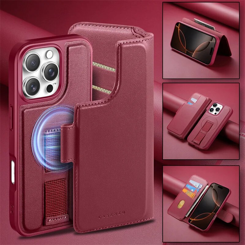 Магнитный кожаный флип-чехол MagSafe для iPhone 12, 13, 14, 15, 16 Красный, Red, For iPhone 12 Pro