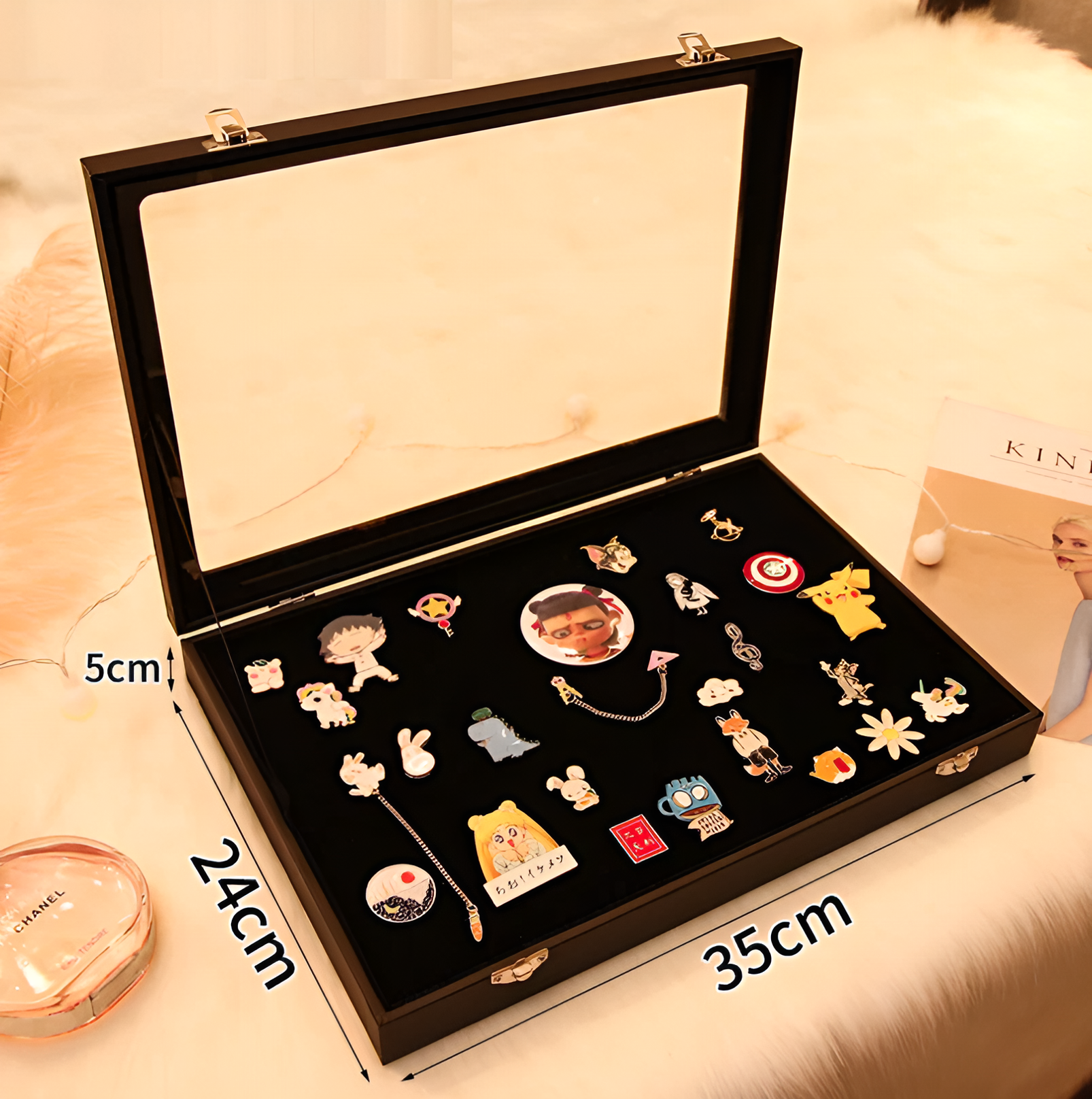 Коробка-шкатулка для значков MyPads, брошек, небольших украшений с мягкой подушечкой и стеклянной крышкой, черный