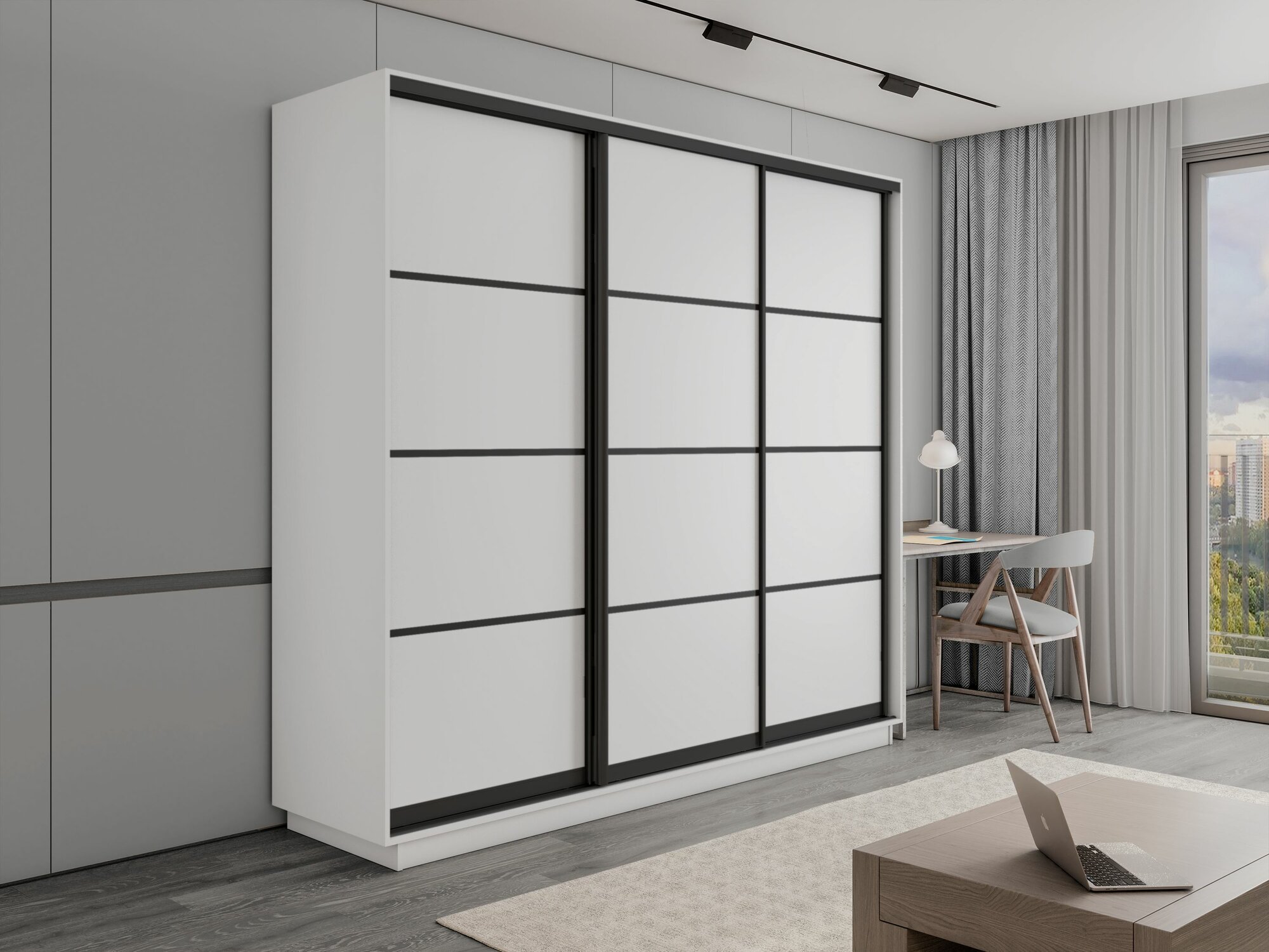 Шкаф-купе Вилли С4 3-х дверный, ЛДСП, (черный профиль) 210х45х220 см. Белый снег