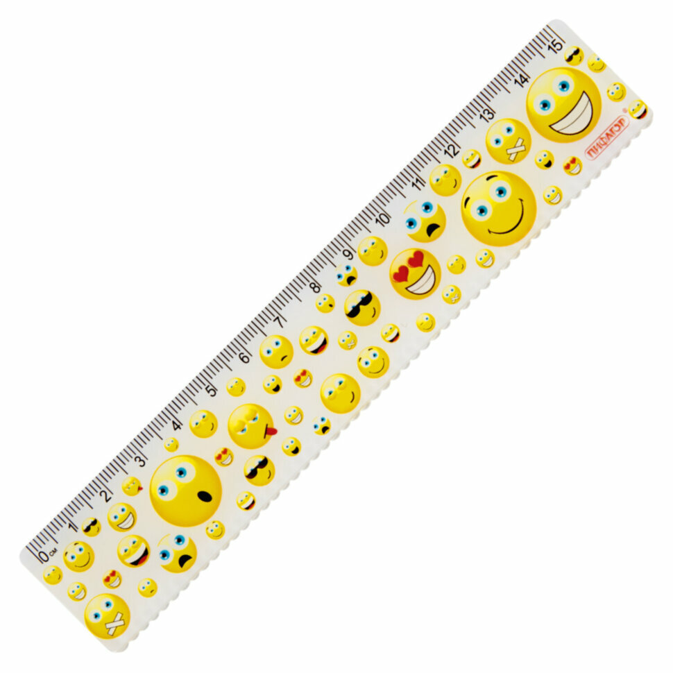 Линейка пластиковая 15 см, пифагор "Смайлики", цветная печать, с волнистым краем, европодвес, 210636, 210636