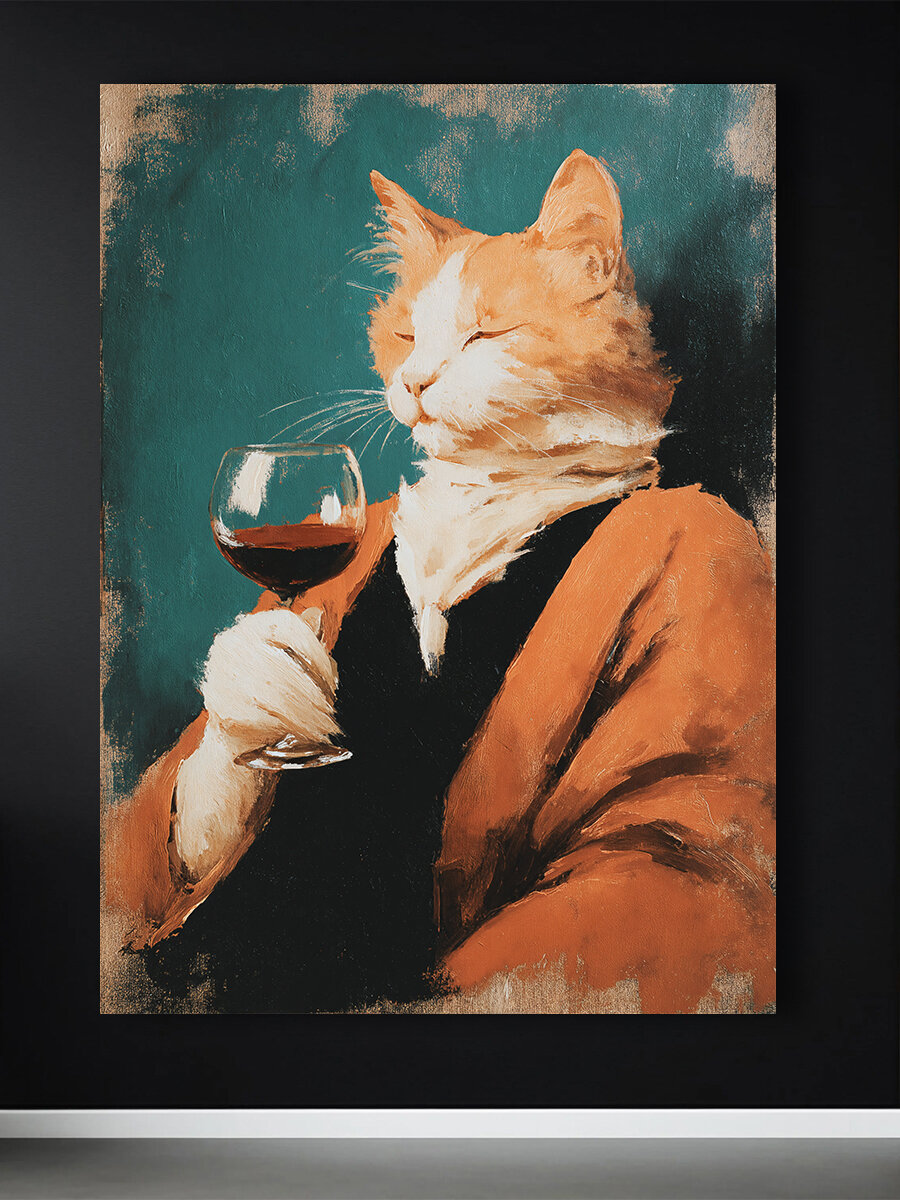 Картина интерьерная на стену - "Живописный кот с вином, котик выпивоха абстракция на кухню, в столовую" , 60х80 см.