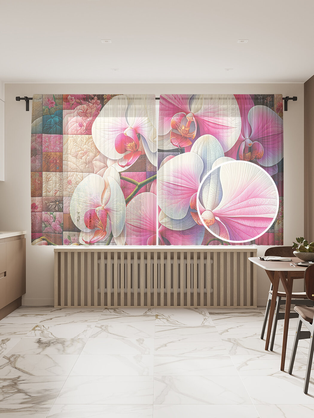 Тюль, фототюль короткий "Орхидея на мозаике" высота 180 см, ширина 145 см (по 2 полотна), JoyArty