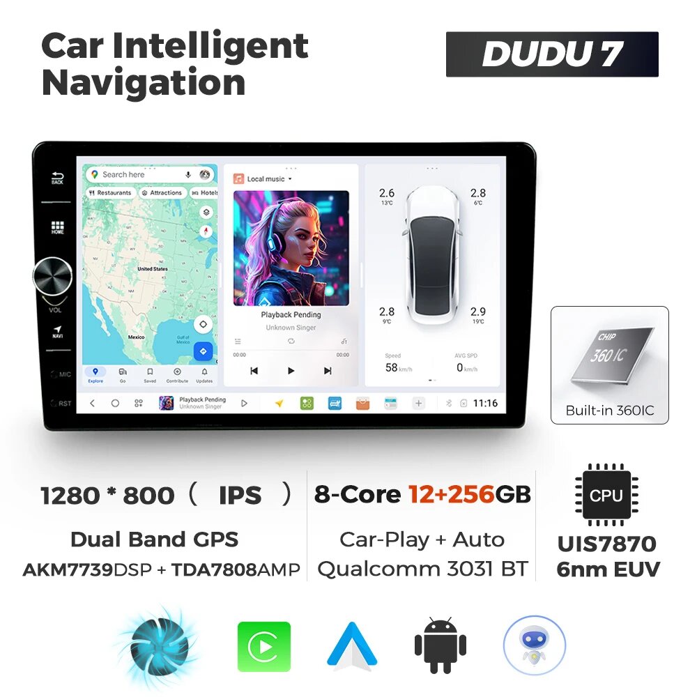 DUDUAUTO DUDU7 7870 9-дюймовый QLED-экран с ручкой Carplay Dual GPS DTS Android DUDU7-12-256-360-9D
