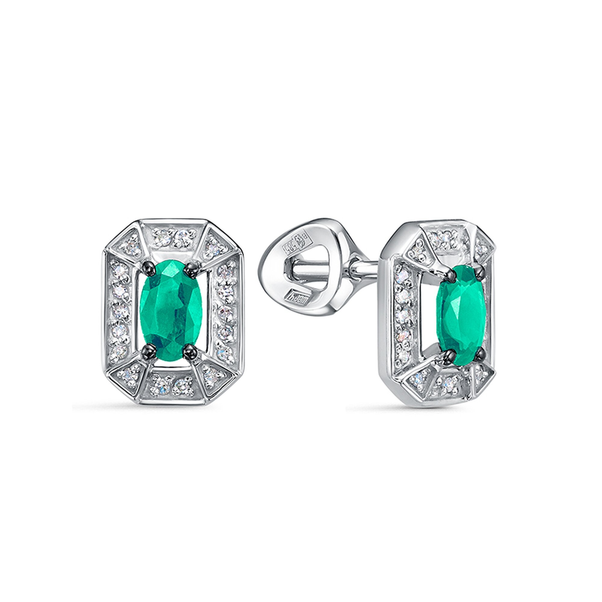 Серьги пусеты, белое золото, 585 проба, изумруд, бриллиант