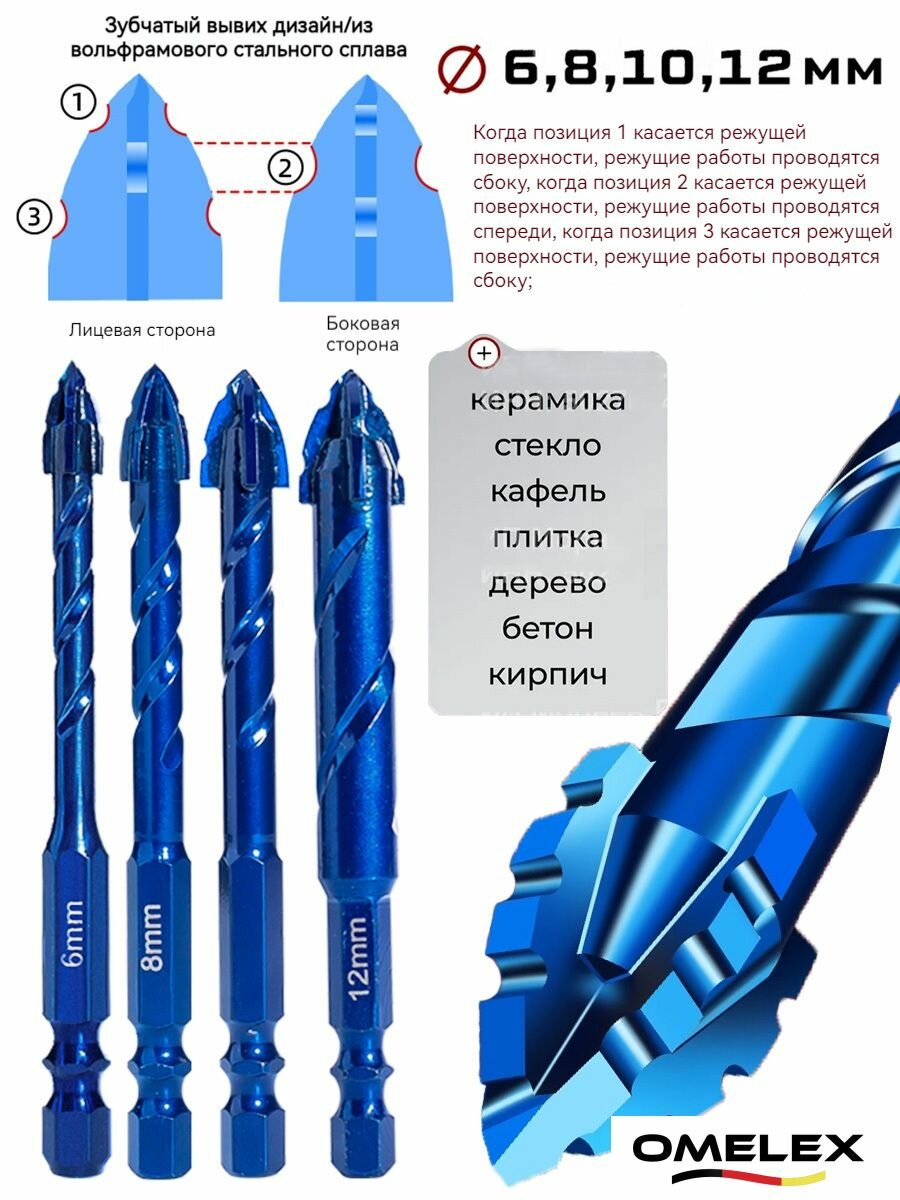 Набор алмазных эксцентриковых свёрл 6/8/10/12 мм для стекла, плитки, керамики, 4 предметов. Треугольное сверло, высокая точность, Вольфрамовая сталь
