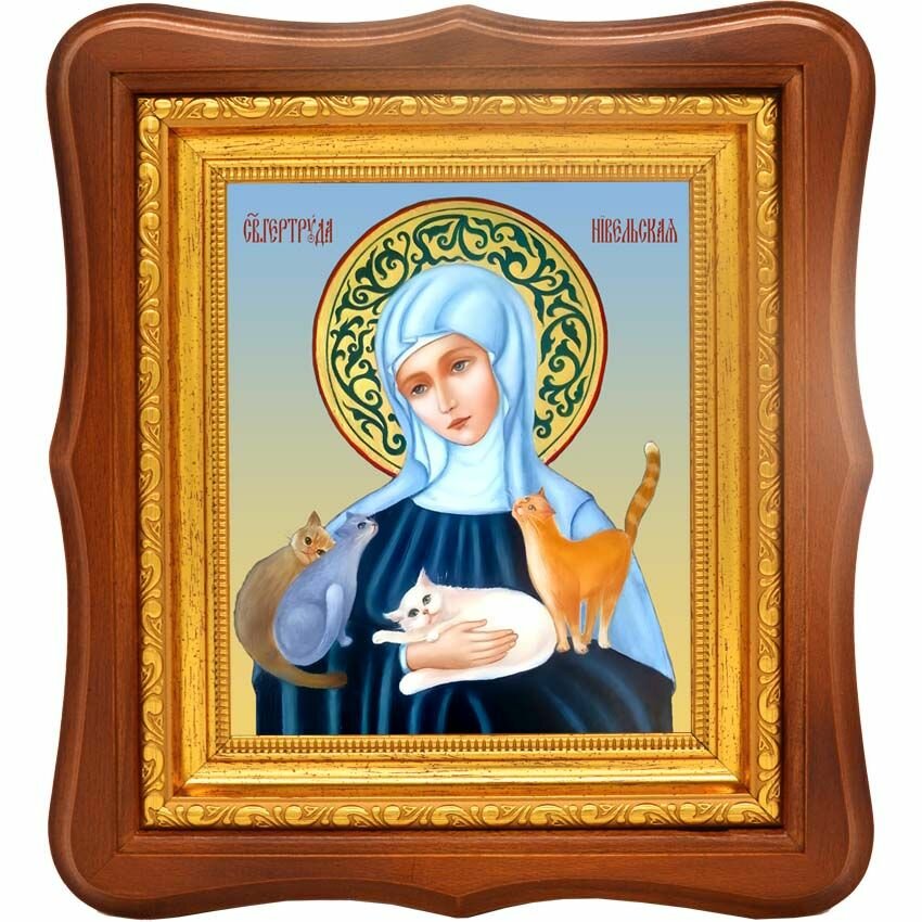 Святая Гертруда Нивельская. Икона на холсте. (17 х 21 см / В киоте под стеклом / 32)