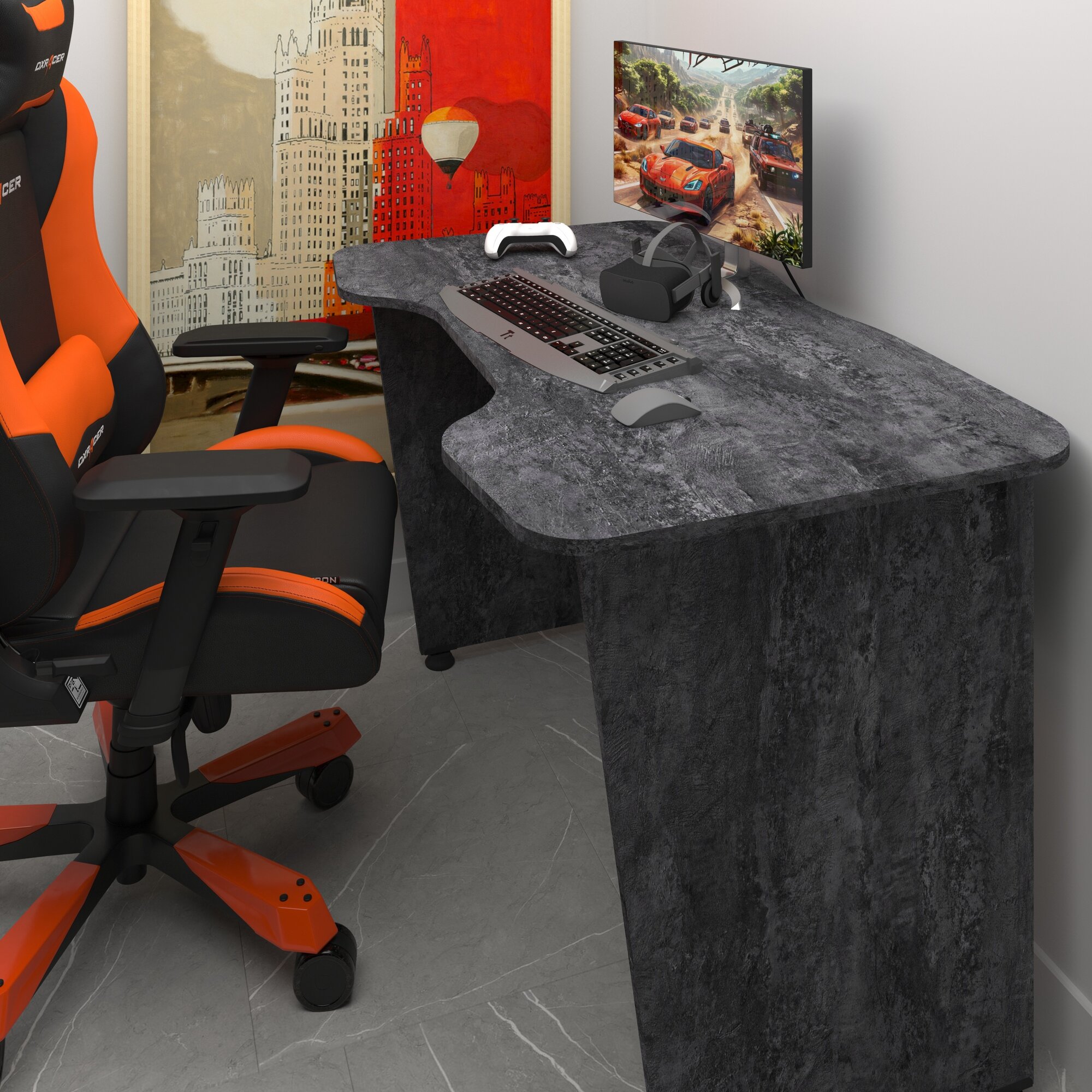 Стол компьютерный игровой Есэндвич Базис GG, 120х75х70 см (Цемент темный)