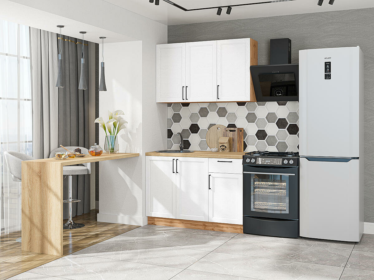 Кухня Сканди-05, цвет фасада White Silkwood, цвет каркаса Дуб Вотан, 2140*1200*600 мм