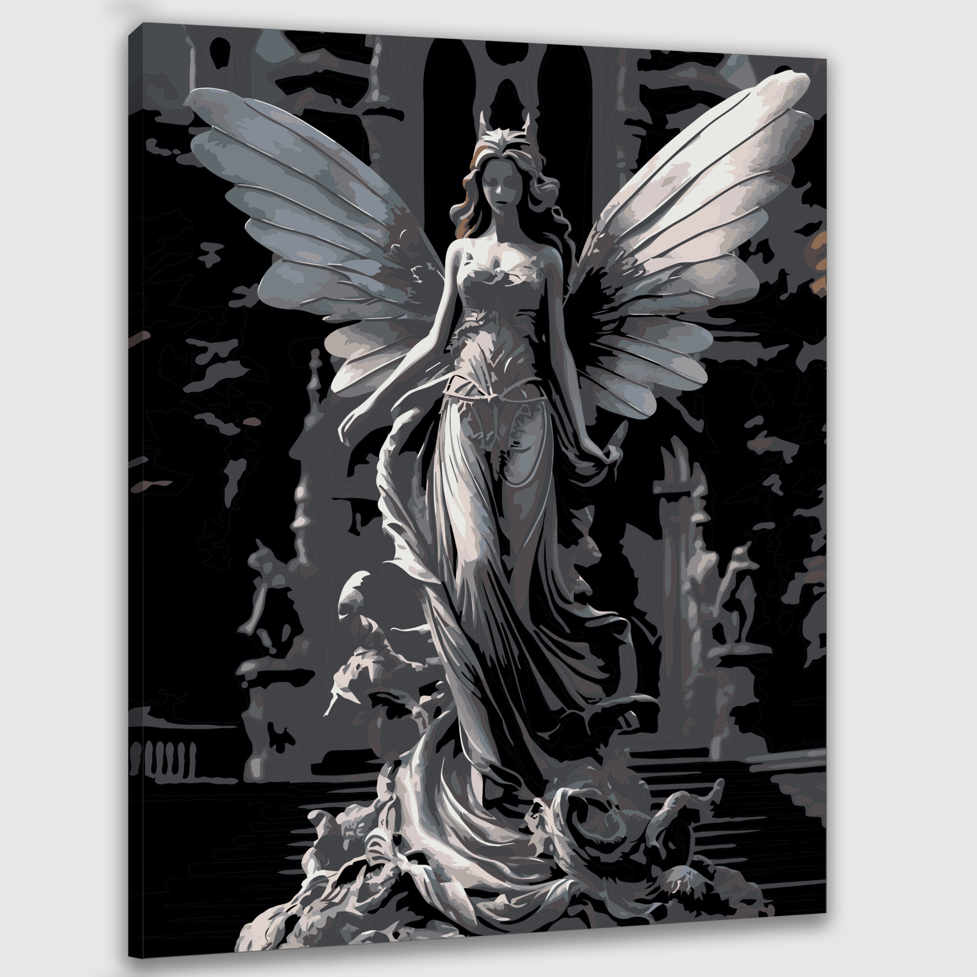 Картина по номерам 40x50 см, фея, статуя, крылья, лицо, замок, мистика, волшебство, чудо, секреты, очарование, детали