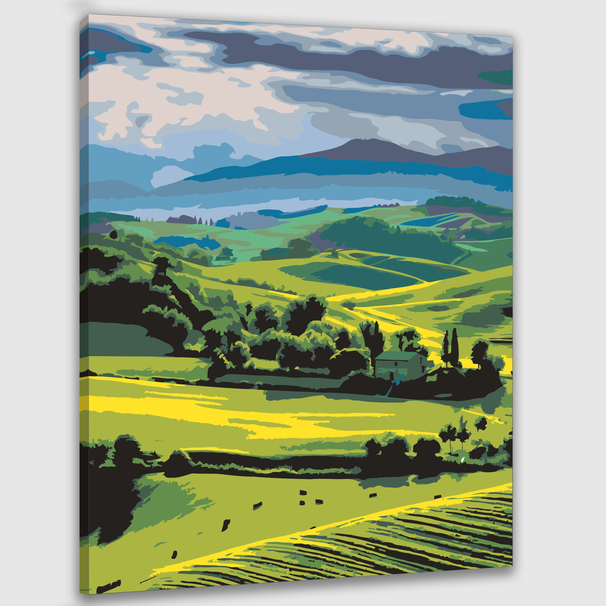 Картина по номерам 40x50 см, фотография, сельский пейзаж, холмы, овцы, зеленая трава, белые шкуры, голубое небо, облака