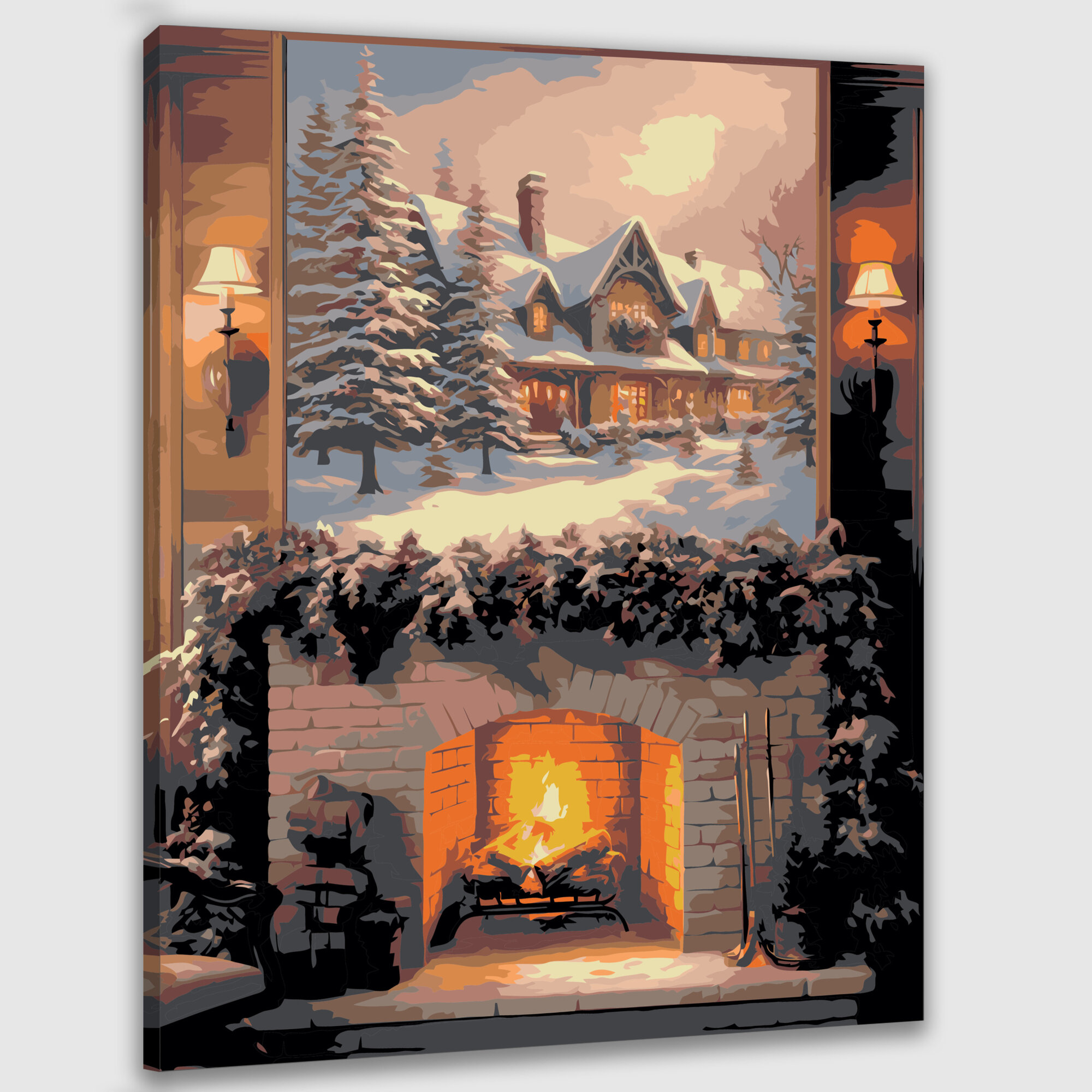Картина по номерам 40x50 см, картина, масло, зимняя сцена, коттедж, заснеженный лес, теплый свет, потрескивающий камин