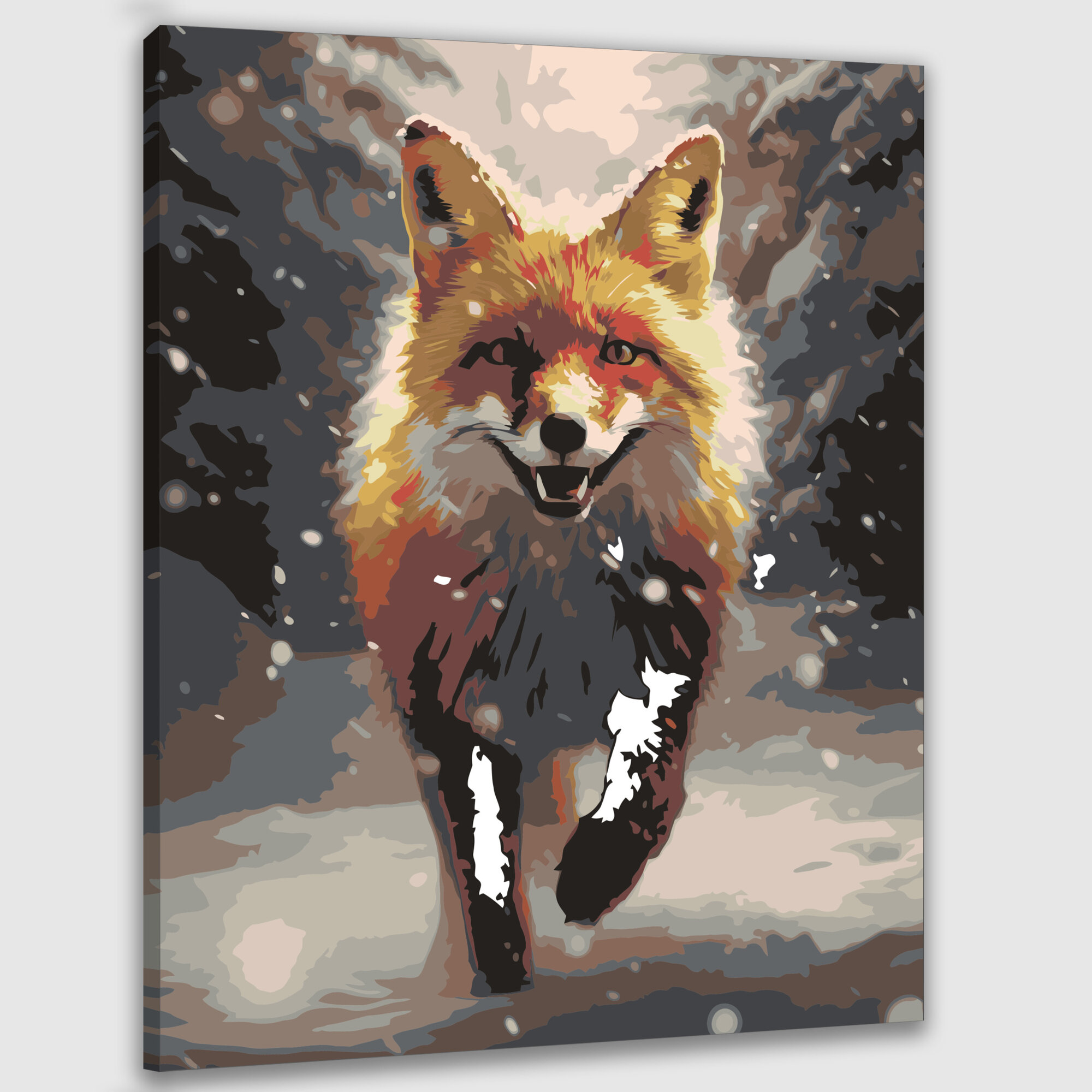 Картина по номерам 40x50 см, лес, снег, рыжая лиса, отпечатки лап, рысь