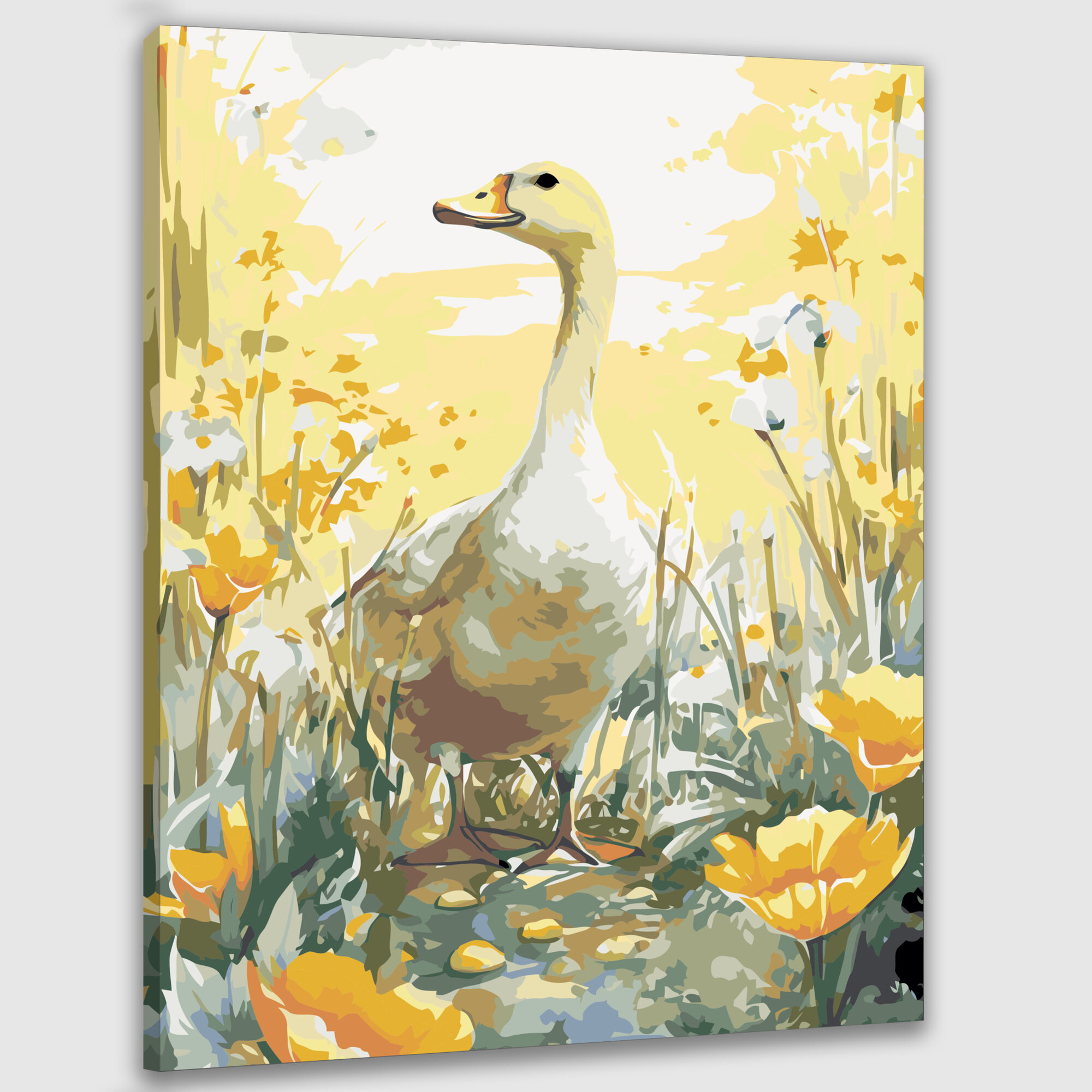 Картина по номерам 40x50 см, гусь, иллюстрация, акварель, луг, солнце, золотистый свет, пушистые перья, цветы, трава