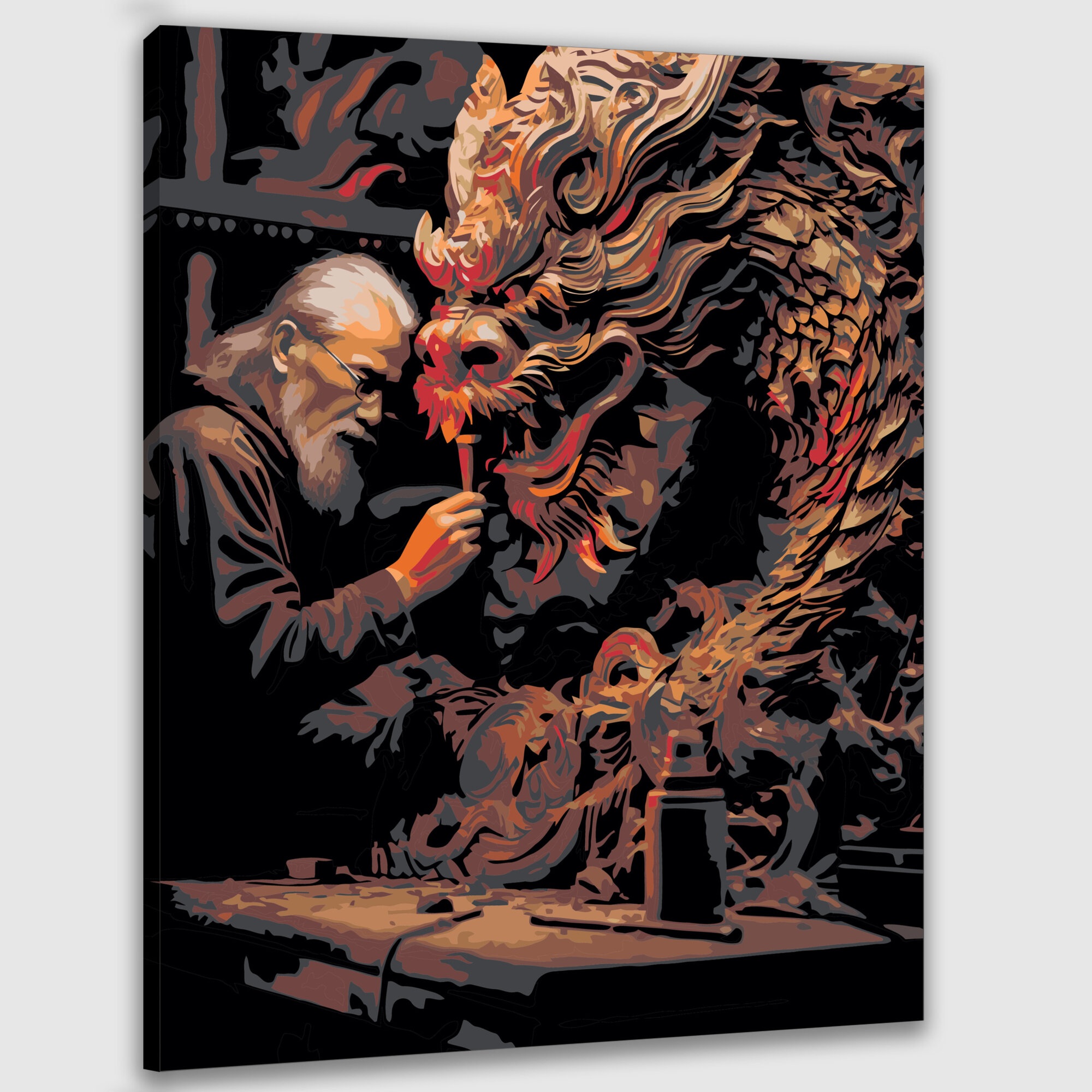 Картина по номерам 40x50 см, цифровая иллюстрация, мастер, деревянный дракон, чешуя, глаза, сила, грация