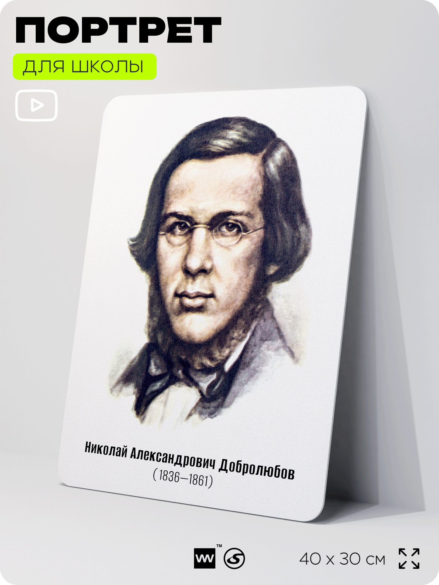 Портрет для школы в кабинет литературы и русского языка "Добролюбов Николай Александрович", стенд школьный для класса, для оформления классного уголка, 40х30 см, Silver Plane x Айдентика Технолоджи
