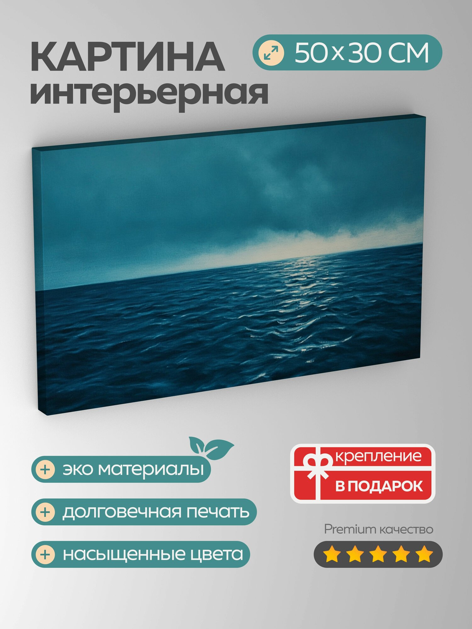 Картина на холсте интерьерная 50х30 см, масляная картина, морской пейзаж, сумерки, темно-синий, бирюзовый, океан, небо