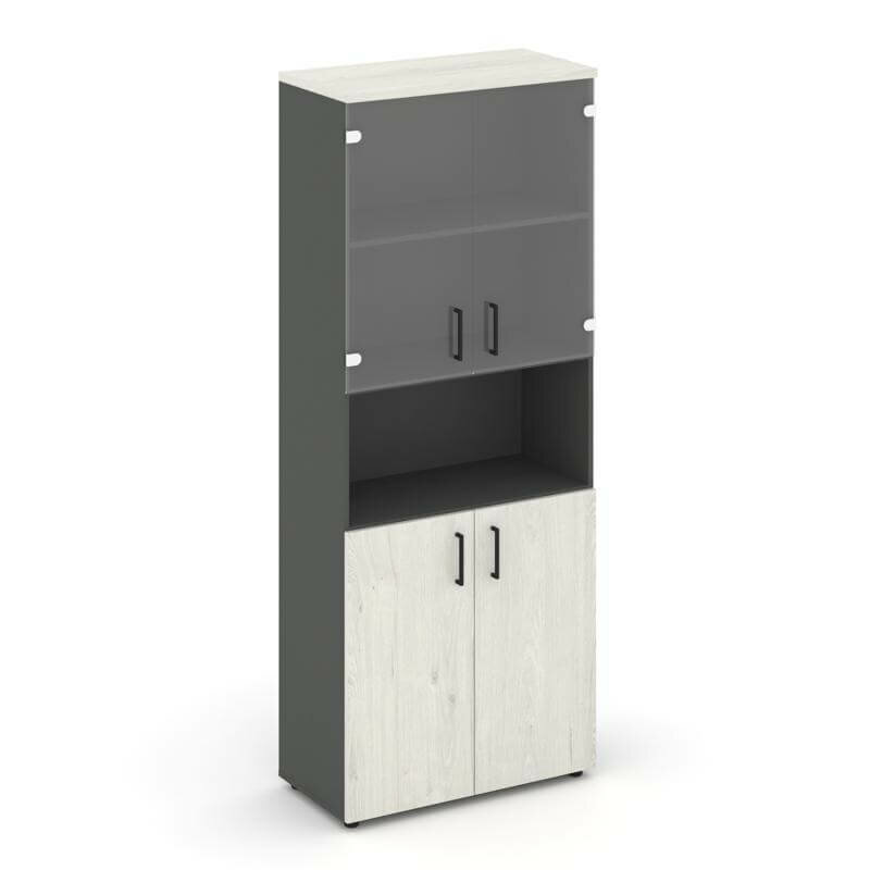 Шкаф высокий широкий (низкие двери ЛДСП, стекло) Style Project Riva SN. STS. E-105 Антрацит NEW/Дуб Наварра з. ст лхдф 796*400*1982