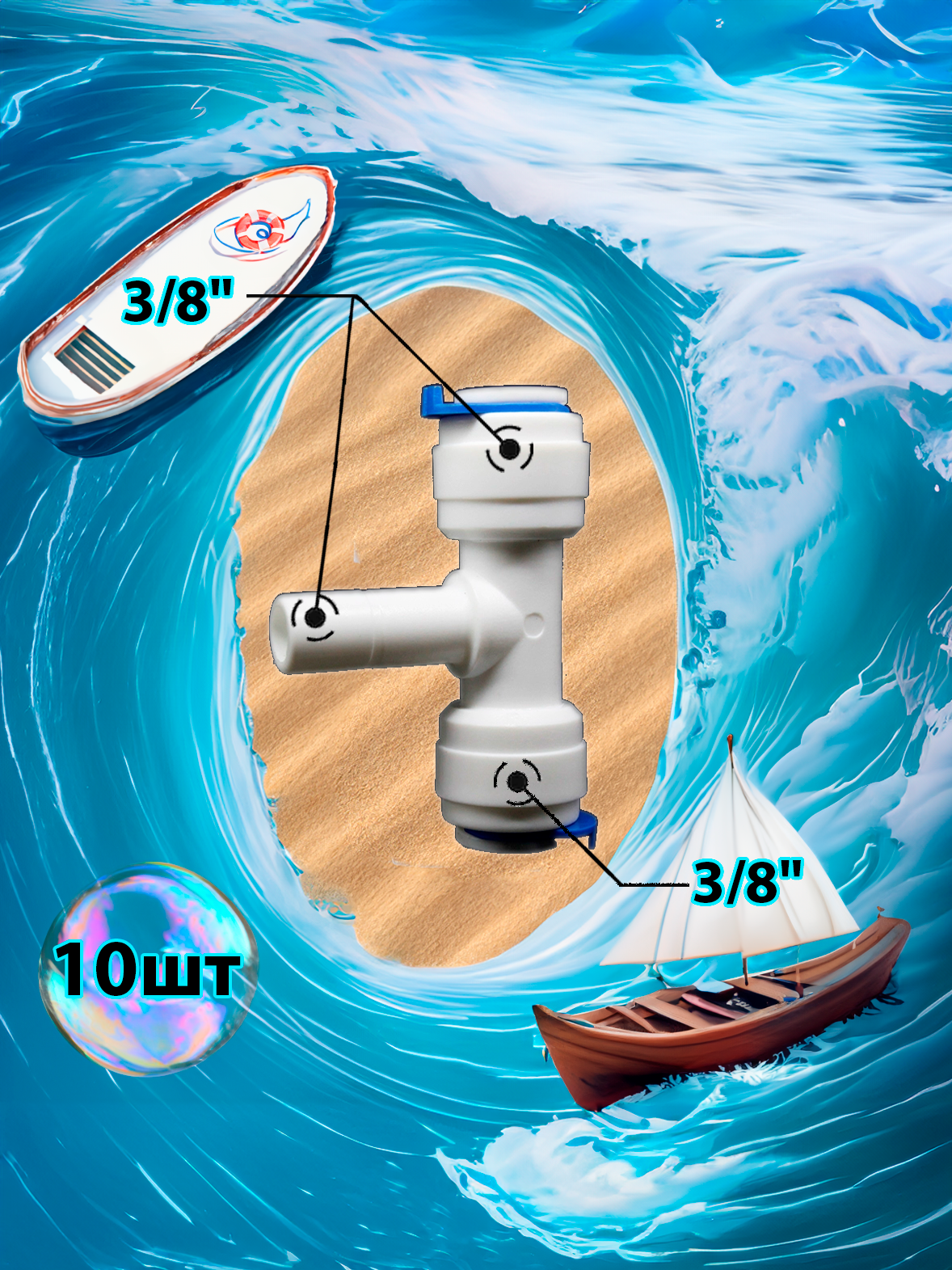 Фитинг тройник Т-образный 3/8" трубка - 3/8" трубка - 3/8" стержень (фитинги съемные для осмоса и фильтра) 10шт.