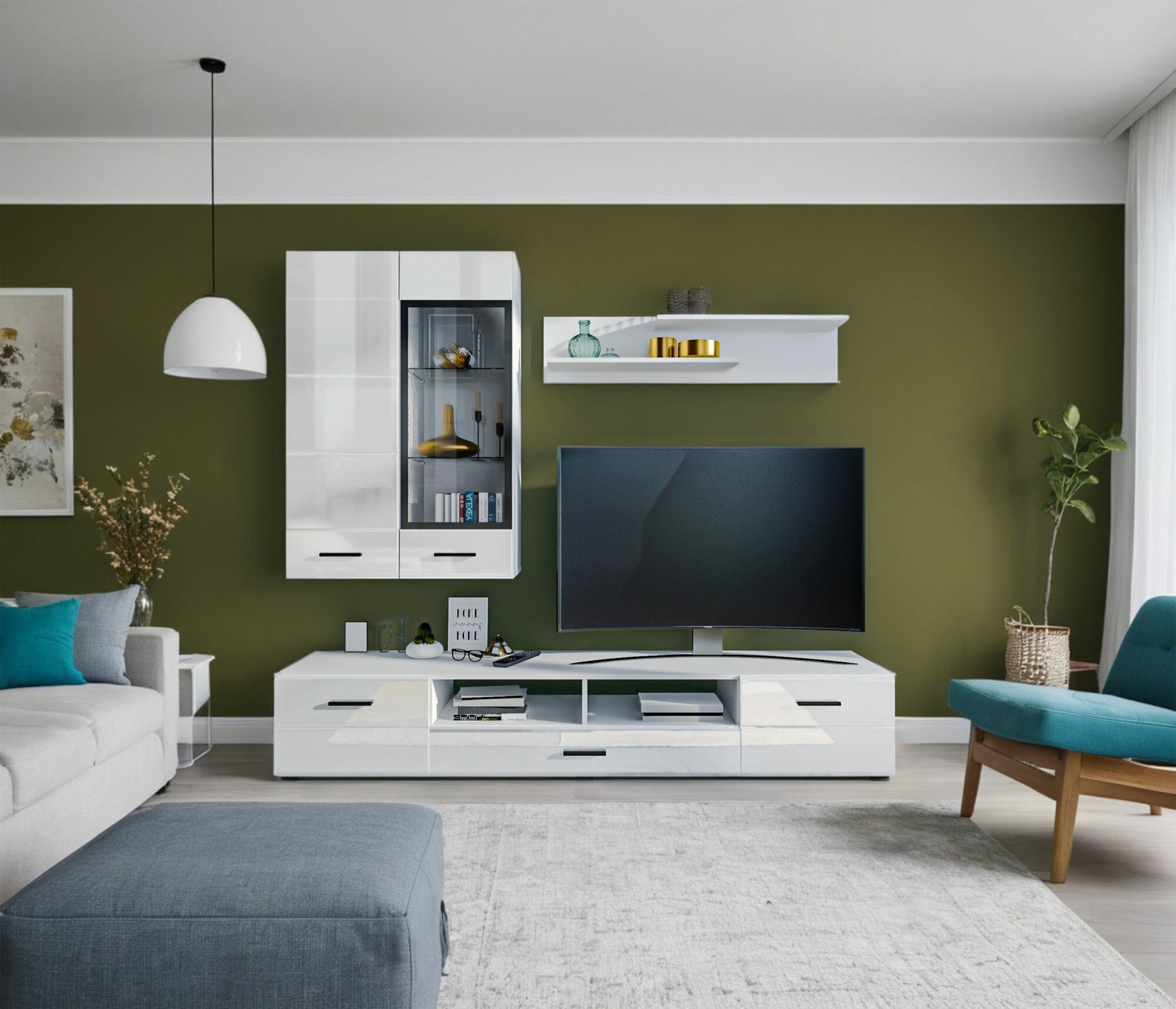 Стенка в гостиную, гостиная GLOSS 3.3 П, Белый Глянец, 200х180х45.6 (ШхВхГ)