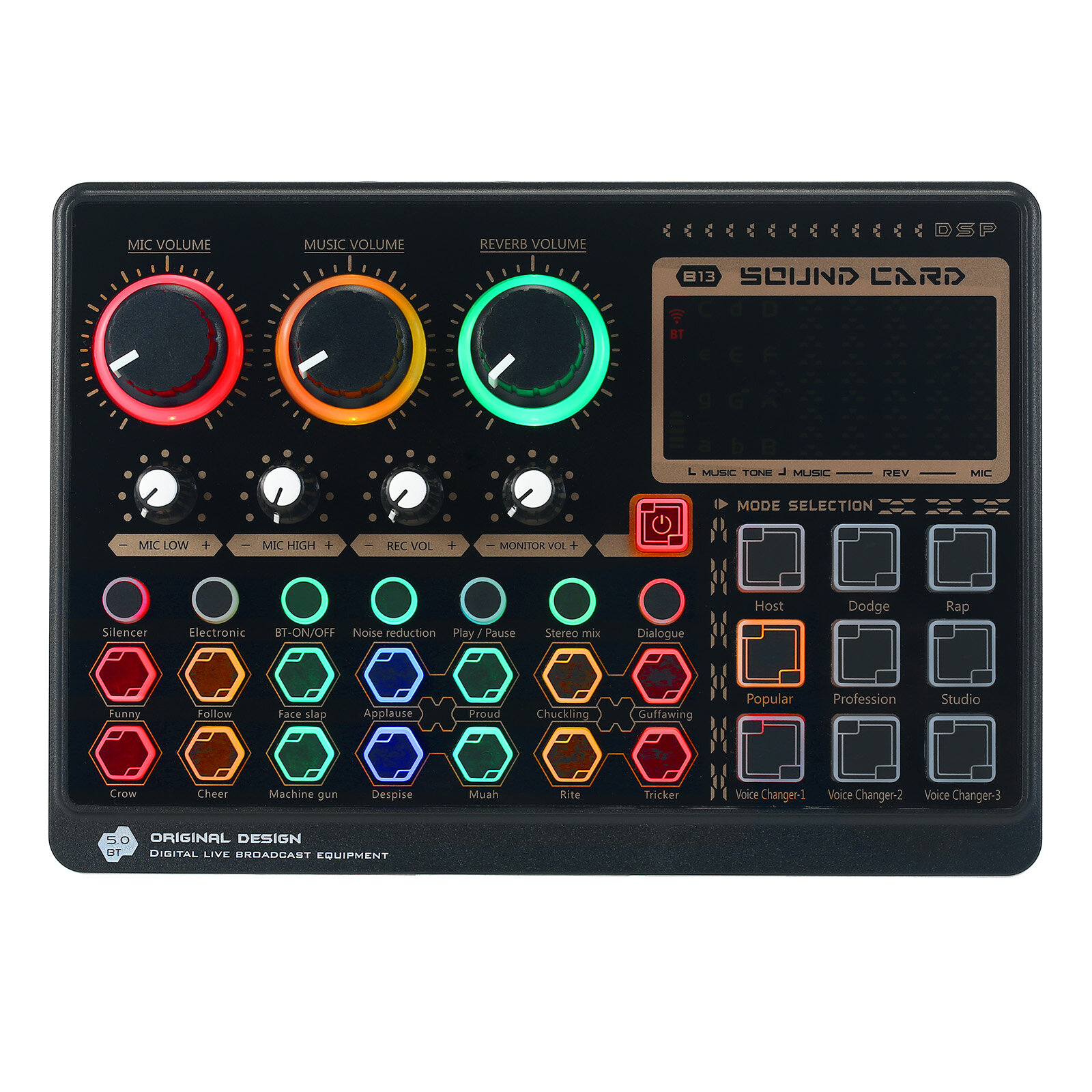 X6mini Внешняя живая звуковая карта Мини микшерный пульт для стриминга, записи музыки, караоке Пение Цветные кнопки с подсветкой и 14 спецэффектами Подключение по BT для смартфона, ноутбука, ПК