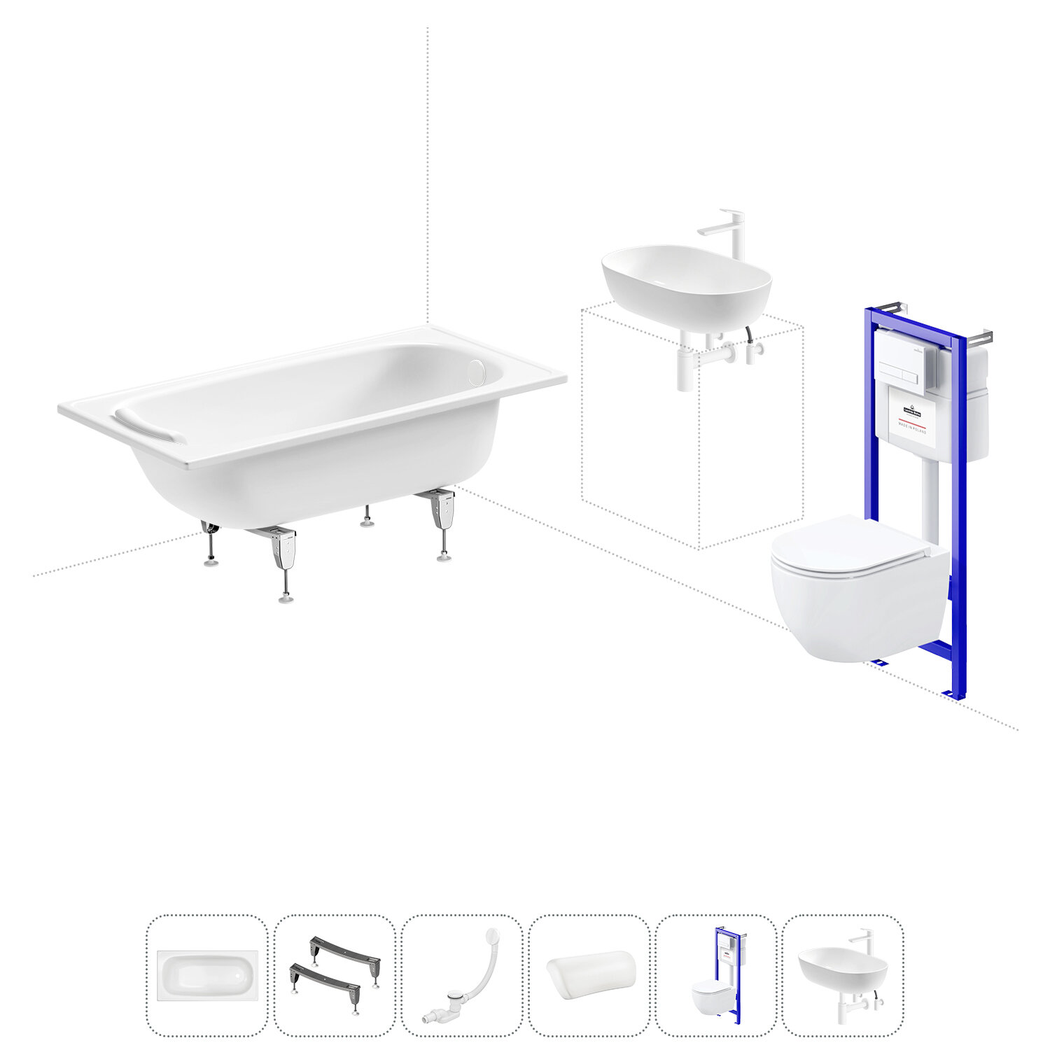 Стальная ванна 130х70 Sanitana BLB Europa 20220778R в наборе 6 в 1: металлическая ванна 130 х 70 см, ножки, слив-перелив, подголовник, инсталляция с унитазом, раковина с комплектом для подключения