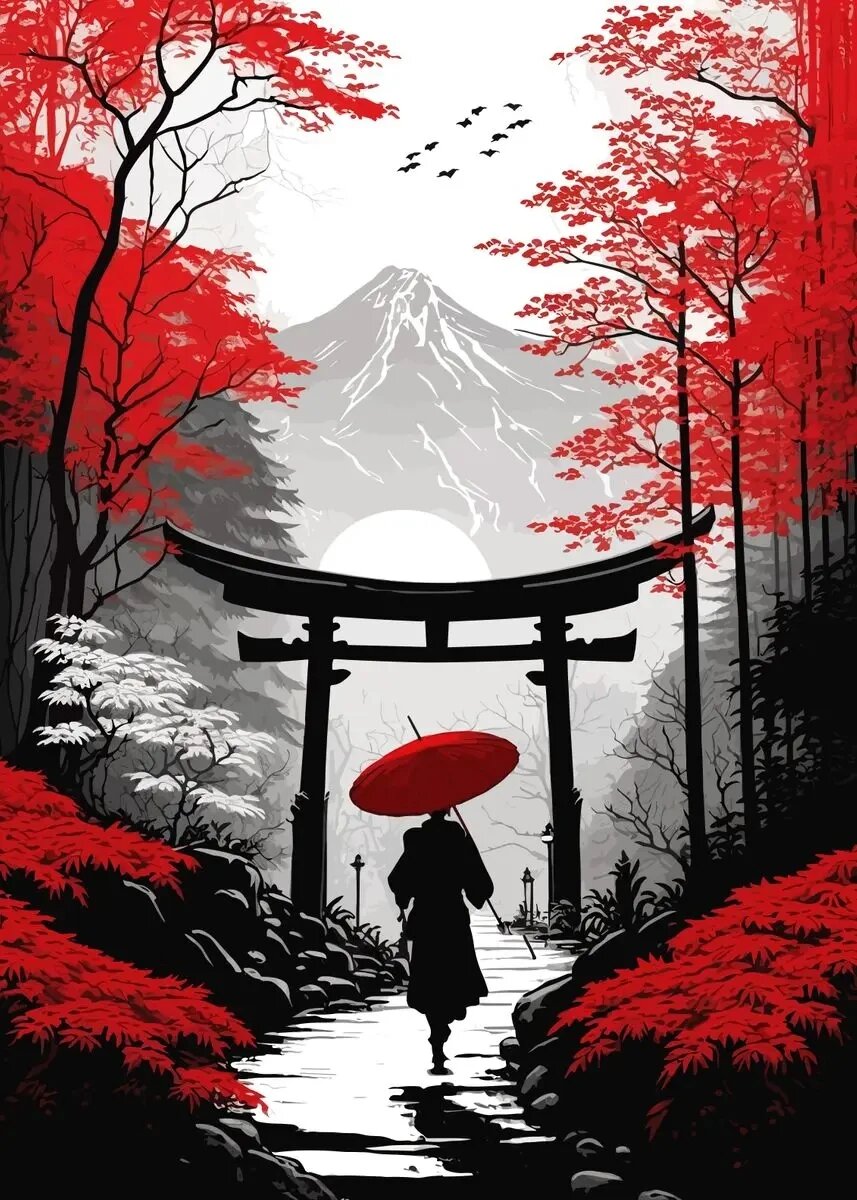 Настенная картина "Японский пейзаж", канвас Красный, SKU-21, 50x70cm No Framed