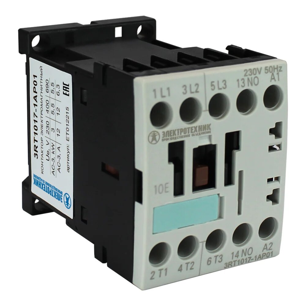 Электротехник 3RT1017-1AP01, 3-пол, 12A, AC-3, 5,5кВт/400V, 1НO, 230V AC, 50/60Гц, типоразмер S00, винтовые клеммы, IP20, контактор электромагнитный ET012215