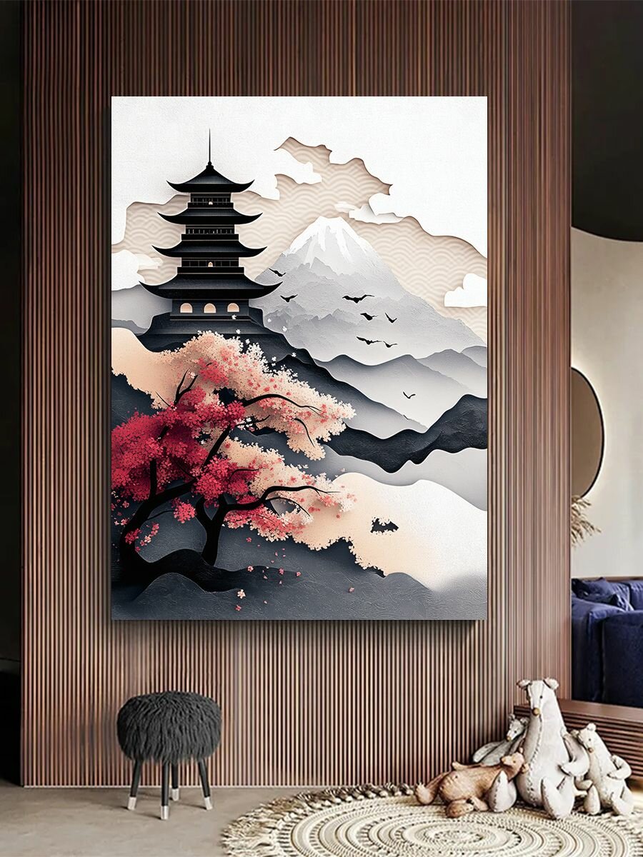 Картина интерьерная - "Пейзаж в японском стиле / гора Фудзи и сакура" , 40х60 см.