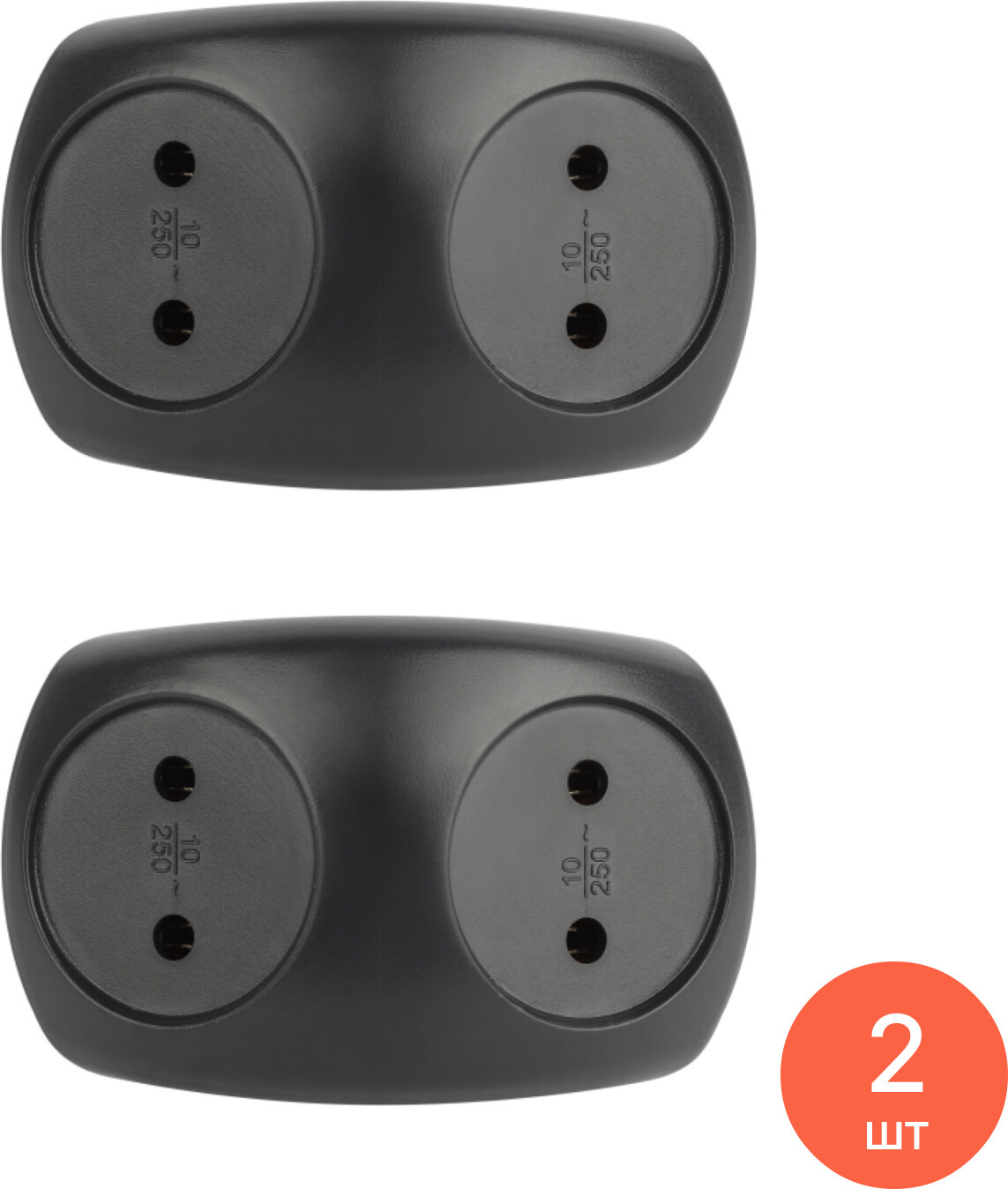 Разветвитель электрический сетевой ЭРА SPx-2-B без заземления, 2 розетки 10А 220V черный, Б0059720 / двойник (комплект из 2 шт)
