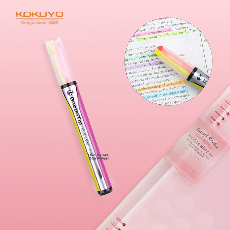 KOKUYO Dual-Color Highlighter Beetle Tip for Students' Exam Review And Key Marking Yellow/Pink 1 Piece PM-L303
