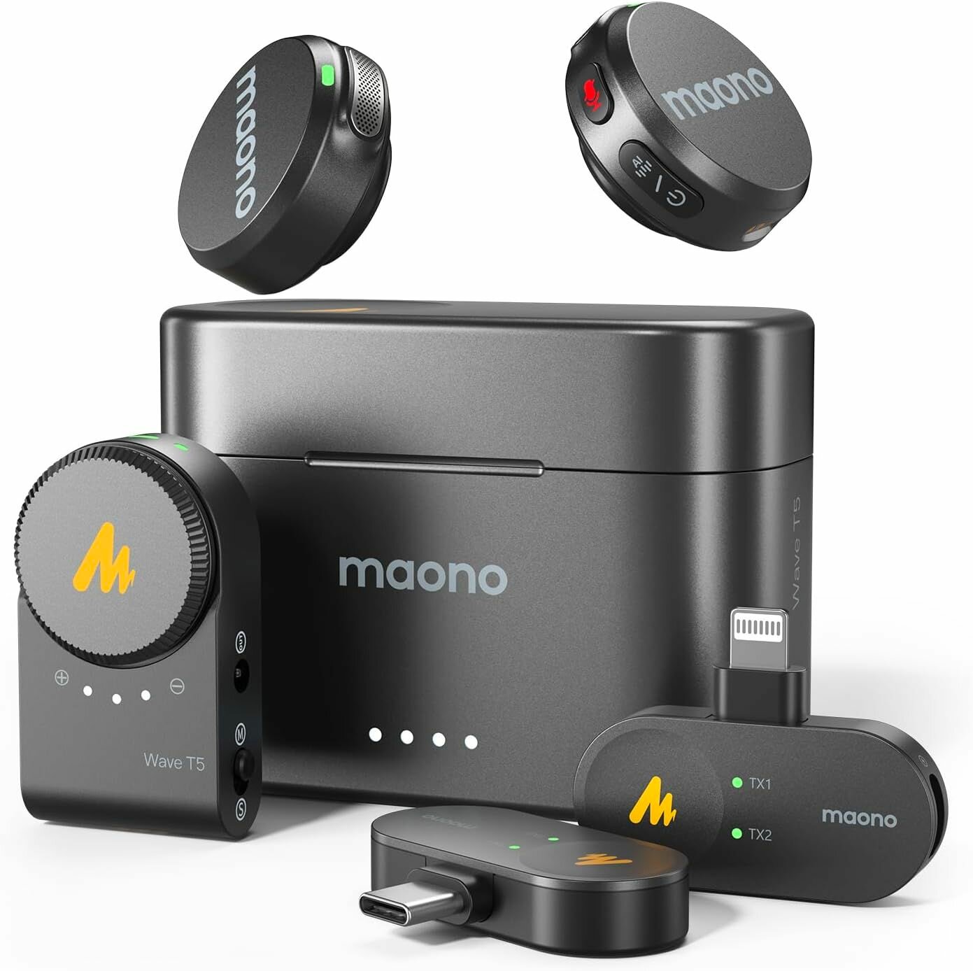 Микрофон MAONO беспроводной петличный микрофон для iPhone/Android/камеры/ПК, 48 кГц 24 бит, речевой фильтр, срок службы батареи 30 часов, разъем USB-C/Lightning для записи видео - Wave T5, разноцветный