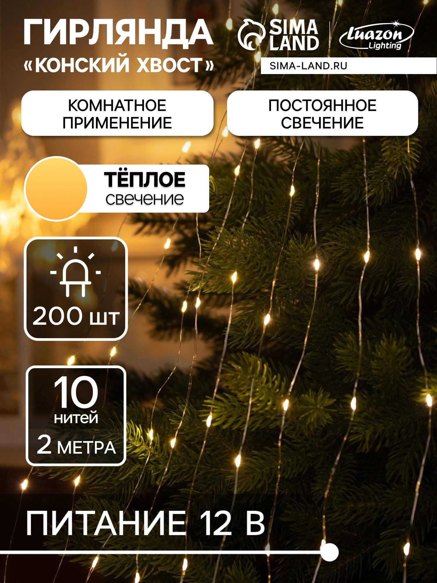 Гирлянда «Конский хвост» 10 нитей по 2 м, IP20, серебристая нить, 200 LED, свечение тёплое белое, 12 В