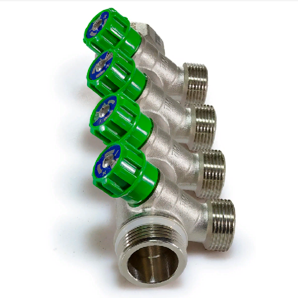 TIM Коллектор с вентилями никель 135° ЕК 3/4" х 3/4 (евроконус) - 4 выхода MR135N-3/4-4E