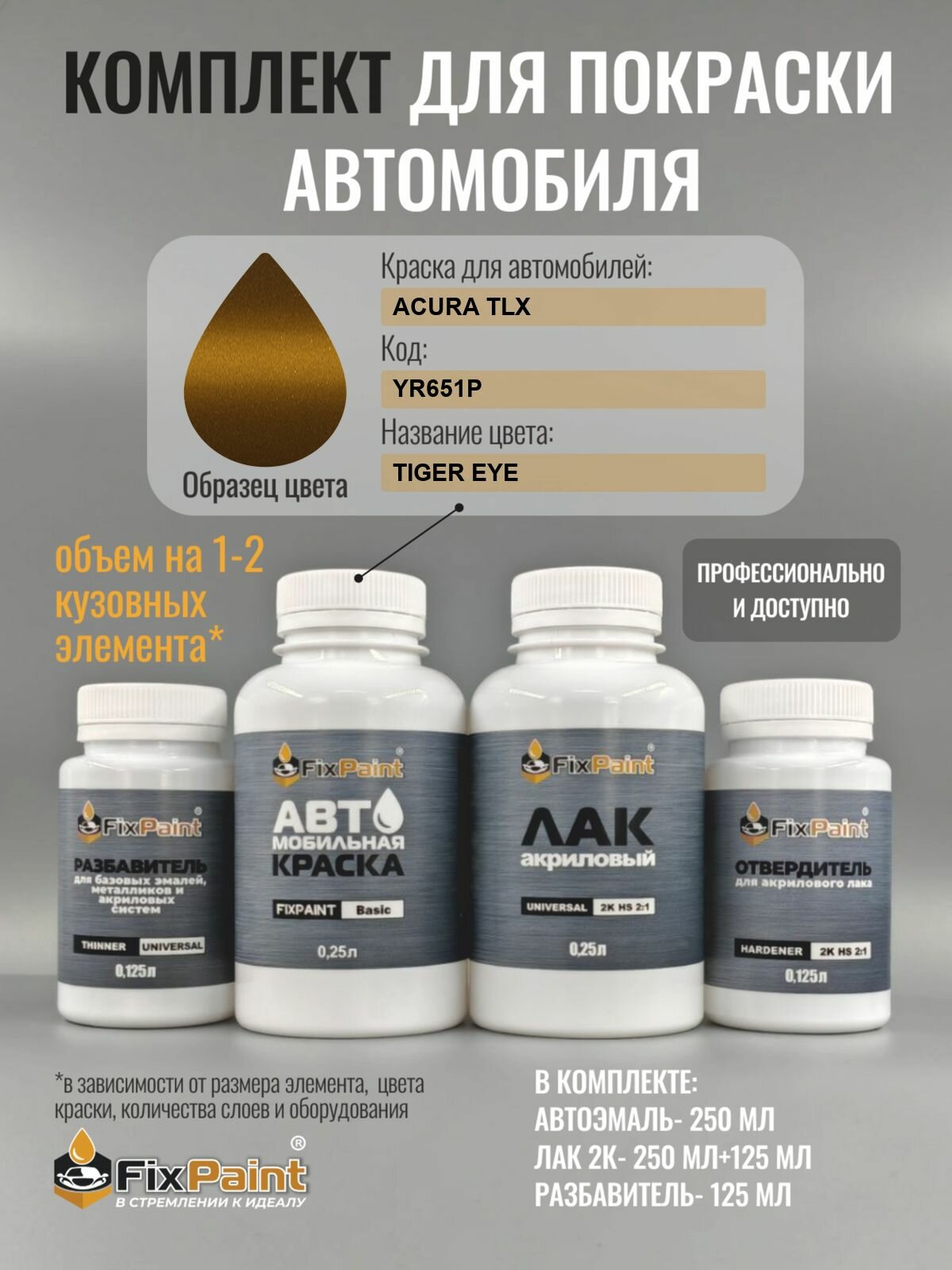 Комплект для покраски ACURA TLX, код YR651P, TIGER EYE, базовая автомобильная краска 250 мл, лак 2K 250 мл с отвердителем, разбавитель 125 мл, FixPaint Pro
