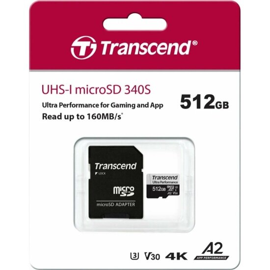 Карта памяти Transcend microSDXC 512Gb 340S UHS-I U3 V30 A2 + ADP (160/125 Mb/s)