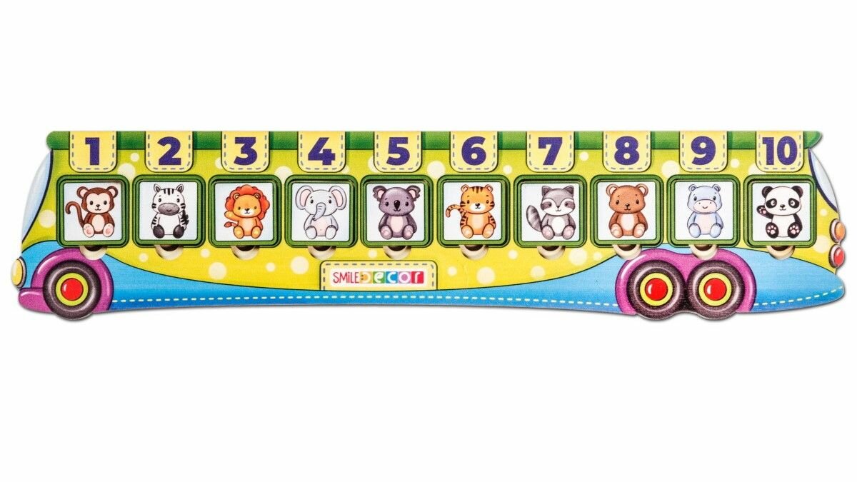 Деревянная рамка-вкладыш Smile Decor "Пассажирский автобус", развивающий пазл-головоломка для детей, развитие мелкой моторики и логики, обучение счету до 10