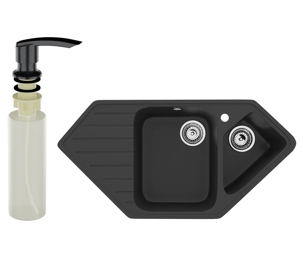 Мойка кухонная Ulgran U-409 344 мраморная, 50x97, угловая, мойка для кухни, с крылом, черная, трапеция, матовая