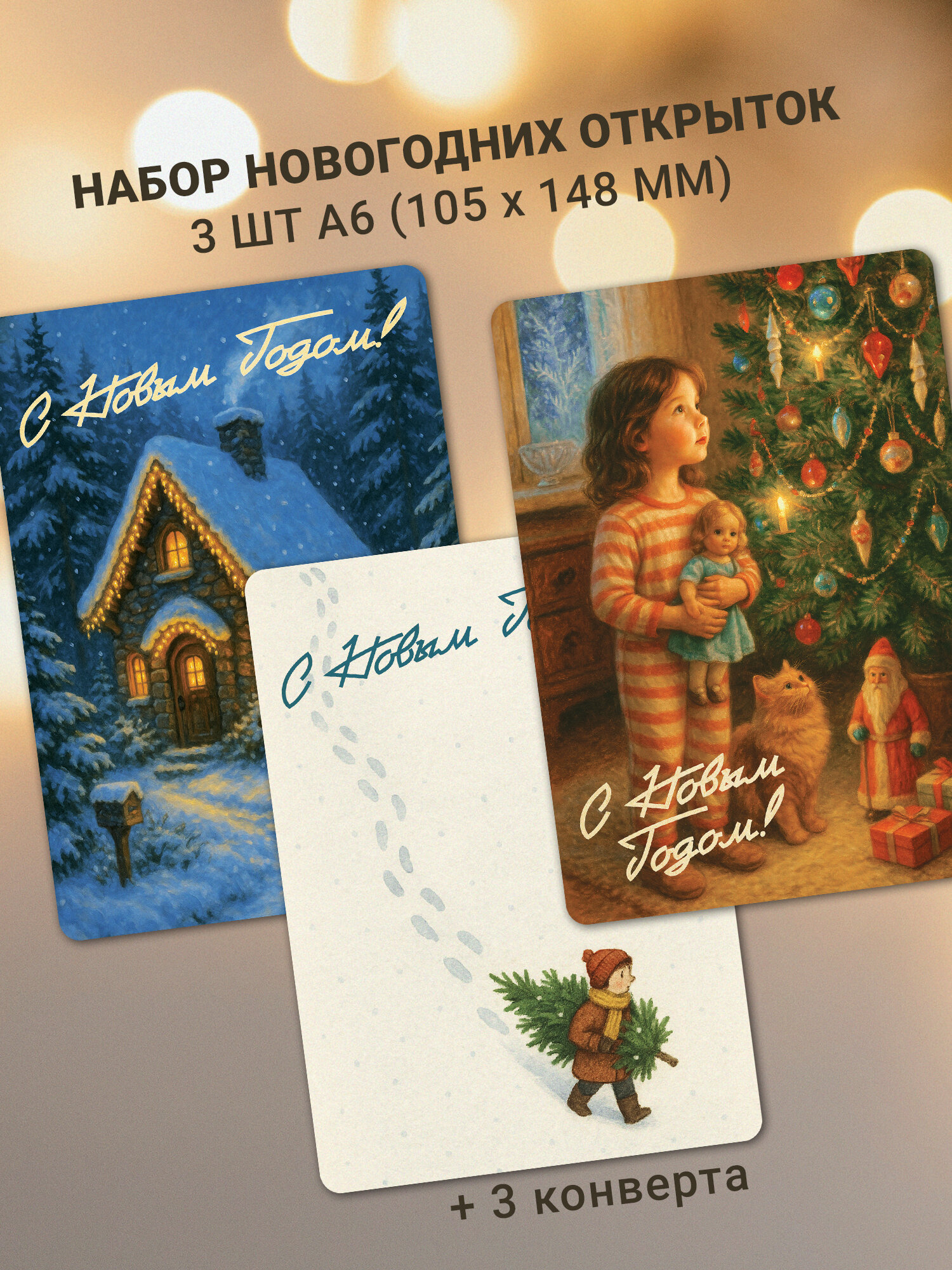 Набор из 3 новогодних открыток • Формат А6 • 3 крафтовых конверта в комплекте